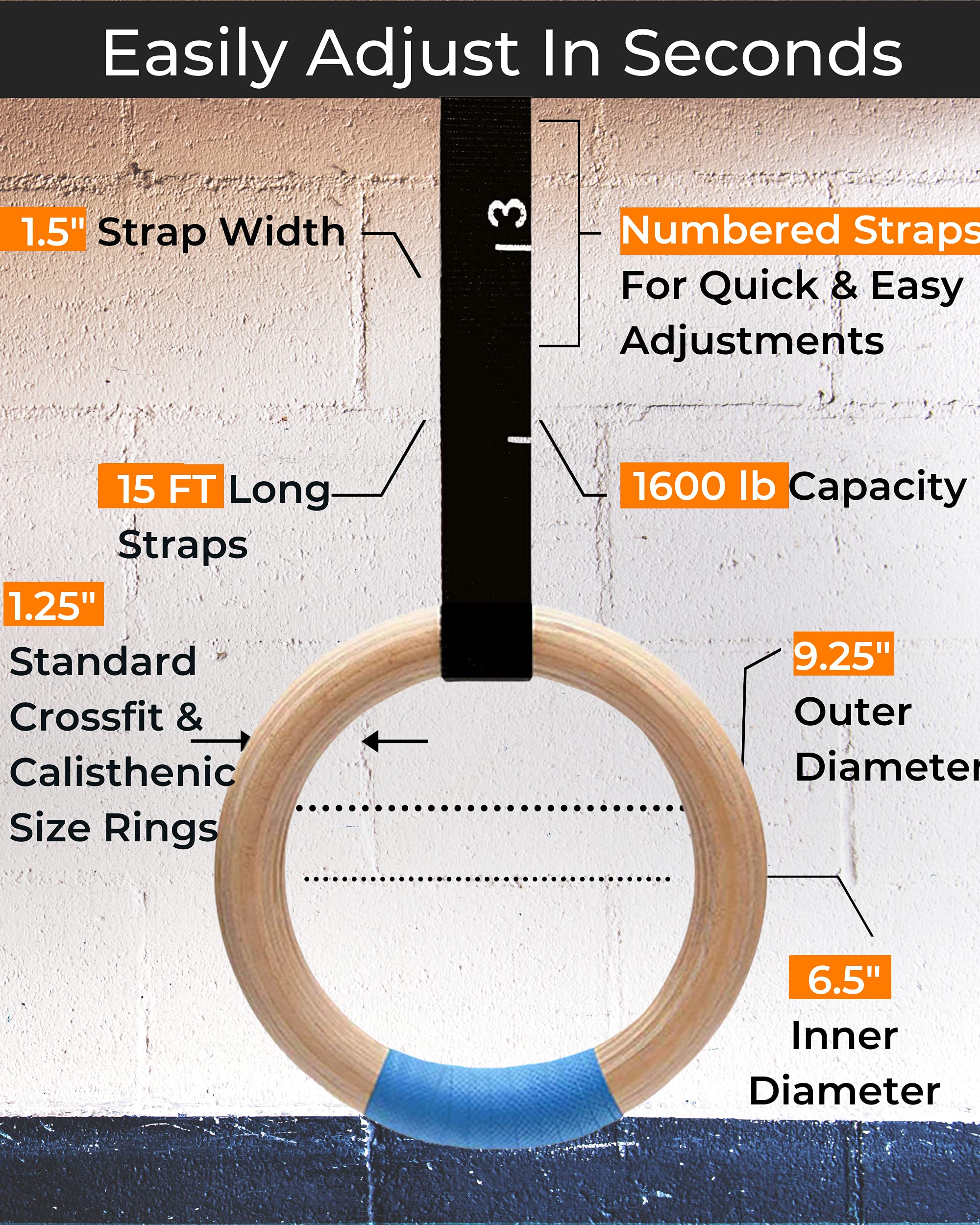 Wooden Gymnastic Rings with Adjustable Straps - 1.25” Non-Slip Olympic Rings 1600lbs - 15ft Long Numbered Straps - Quick Install Cam Buckle - For Pull Ups Cross-Training and Home Gym Full Body Workout