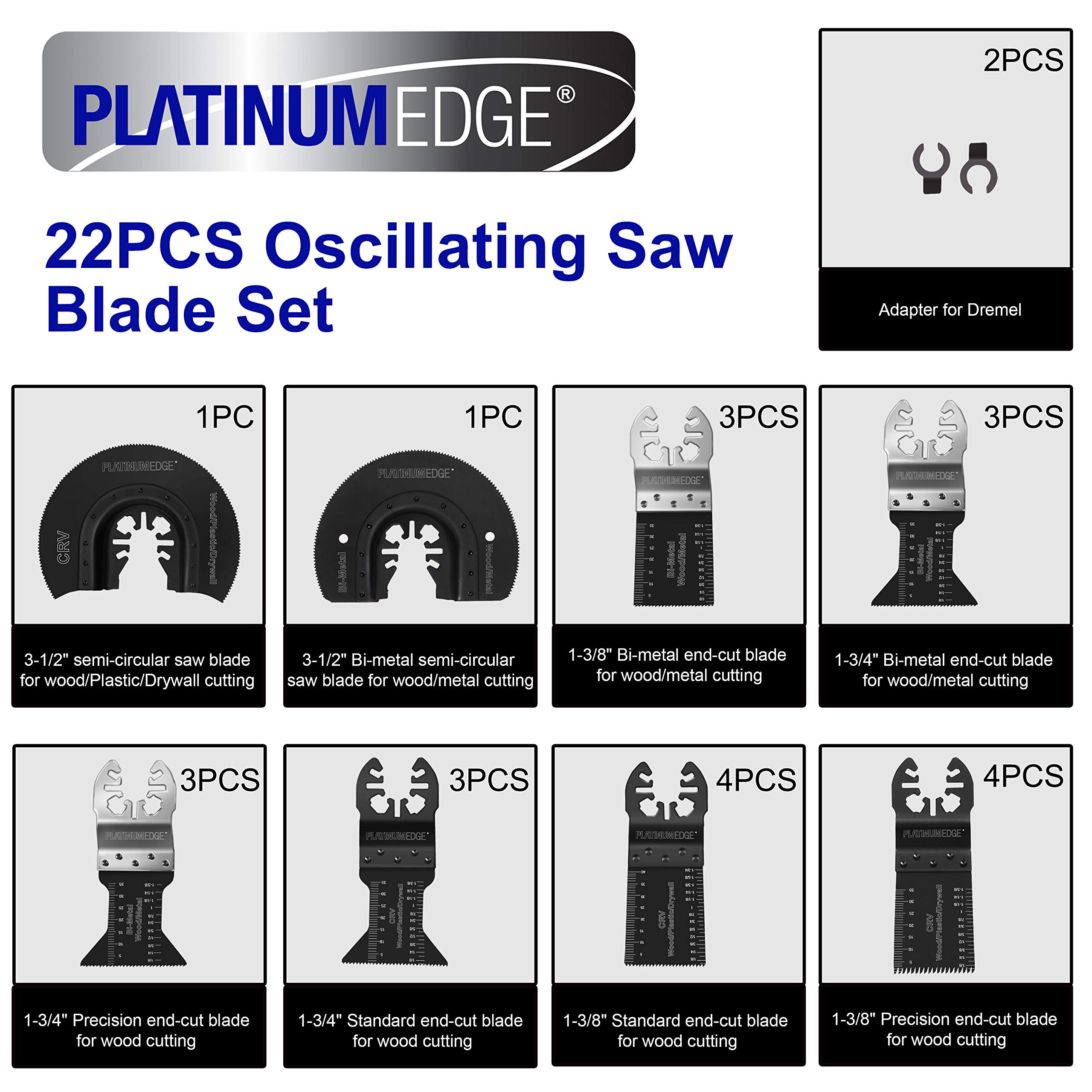 22PCS Universal Wood Metal Oscillating Multitool Quick Release Saw Blades Fits with Dremel, Fein, Bosch, Skill, Makita, Ridgid, Milwaukee, DeWalt, Mastercraft and Most Other Brands