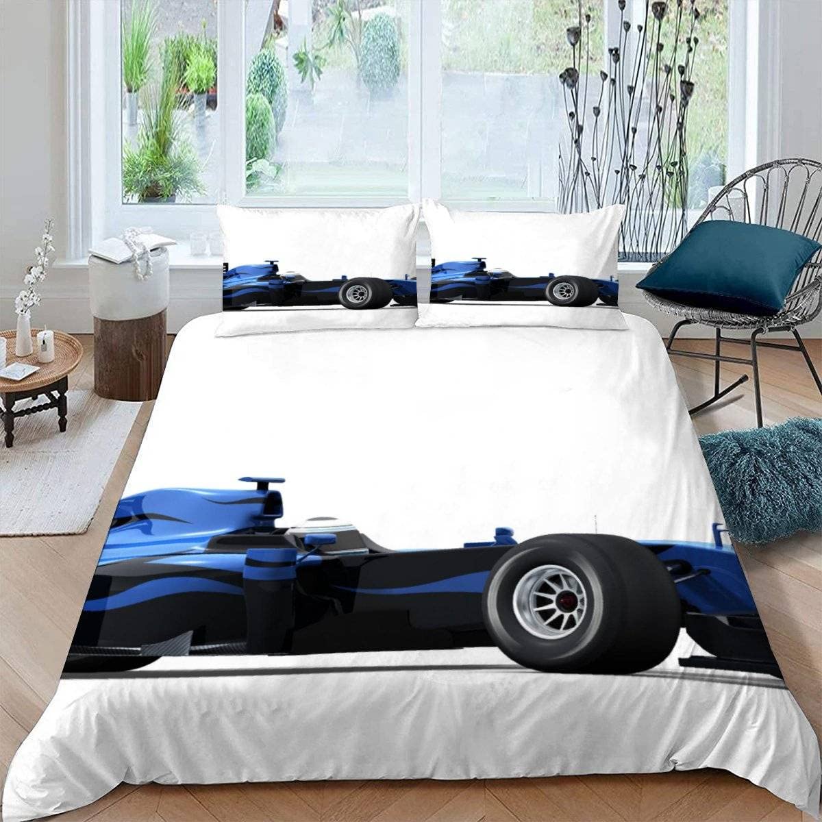 Quilt Cover Twin Size Formula One Car 3D Bedding Sets Blue Racing Car Duvet Cover Breathable Hypoallergenic Stain Wrinkle Resistant Microfiber with Zipper Closure,beding Set with 2 Pillowcase