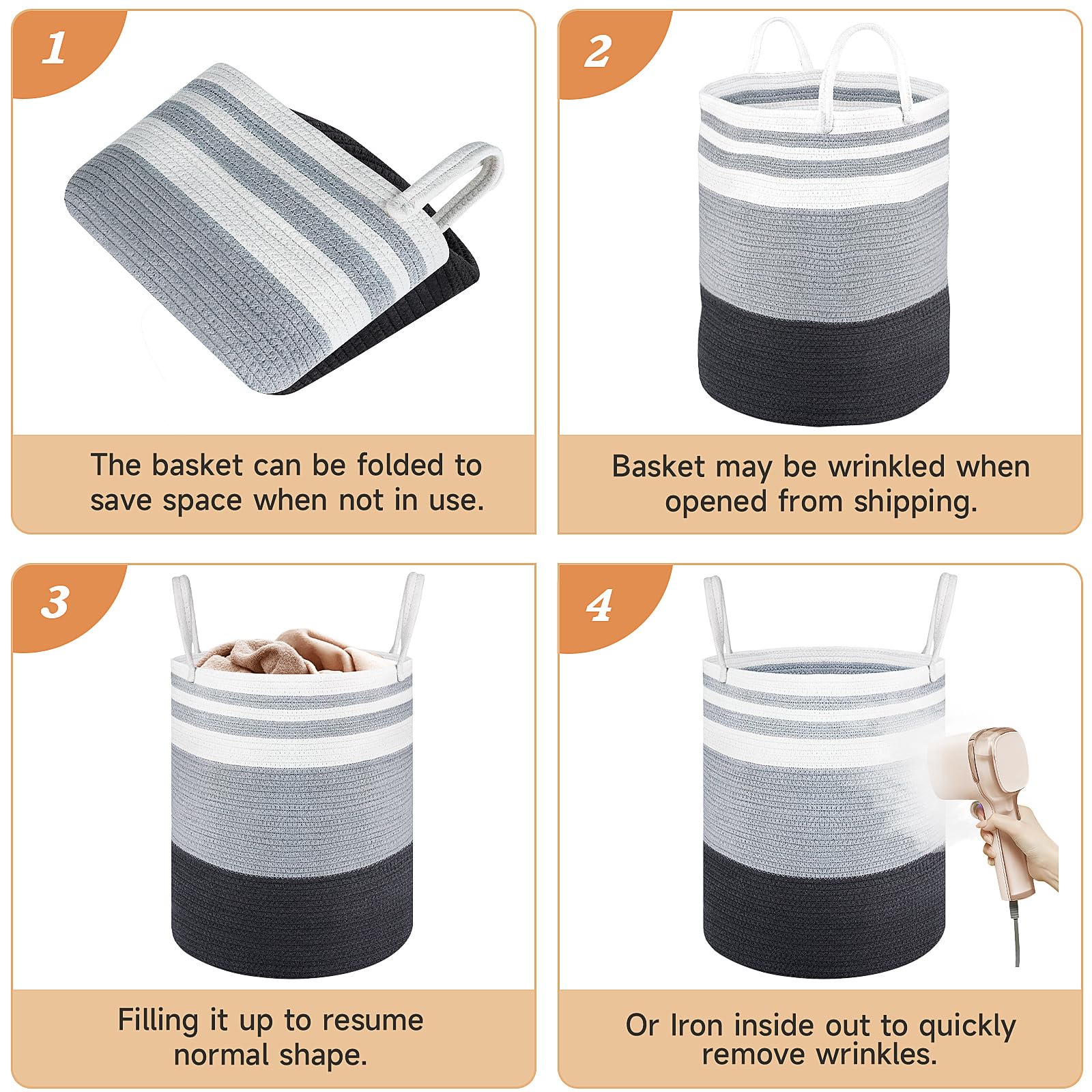 WOWBOX Cotton Rope Laundry Hamper, Large Laundry Basket, Dirty Clothes Storage Basket Laundry Bin for Blanket, Bedroom, Dorm, Towels, Toys (Grey, 58L)