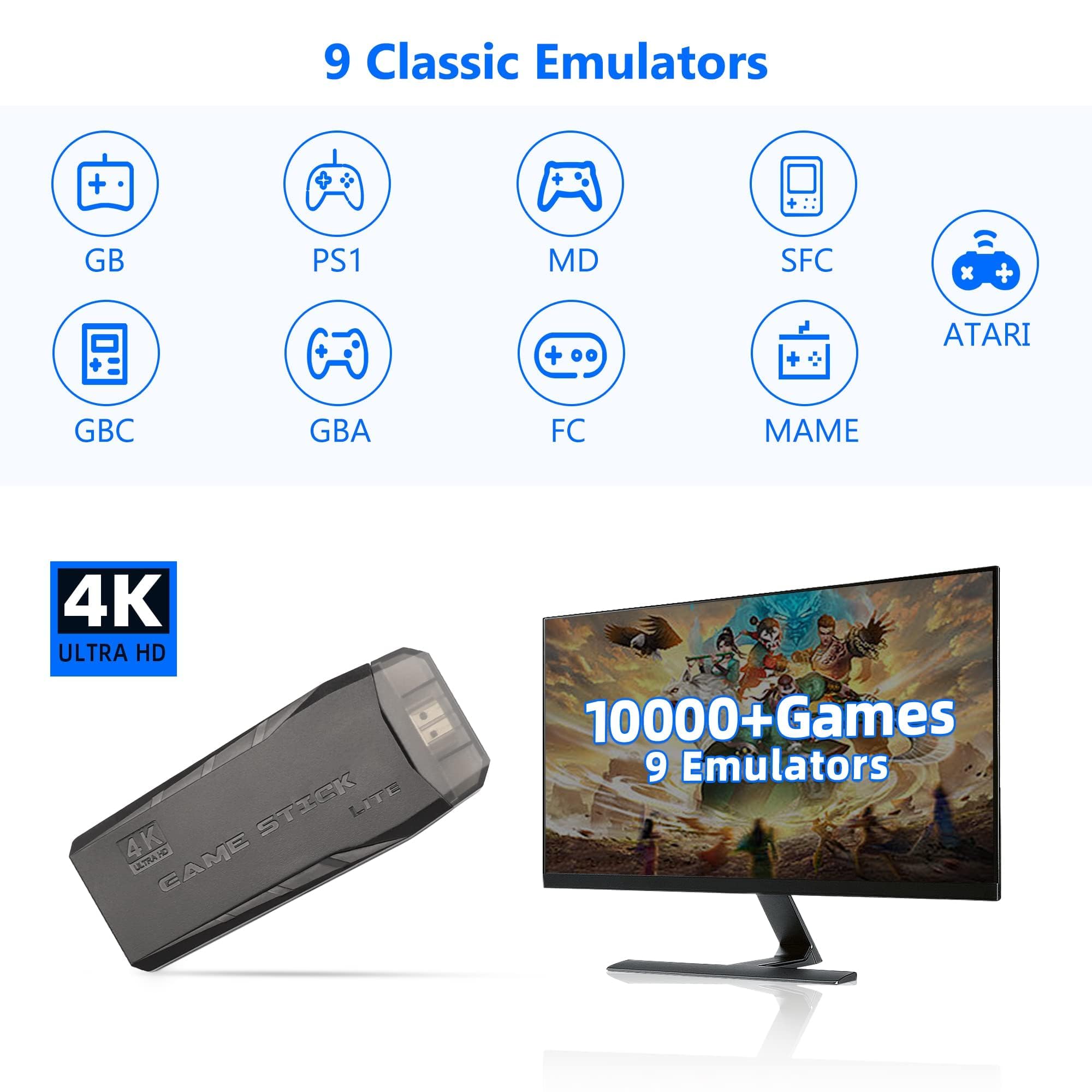 Retro Game Stick, FNKTQL Wireless Retro Game Console Built in 10000+ Games, 9 Emulators, Plug and Play Video Game Stick 4K HDMI Output with 2.4GHz Wireless Controllers (64G)