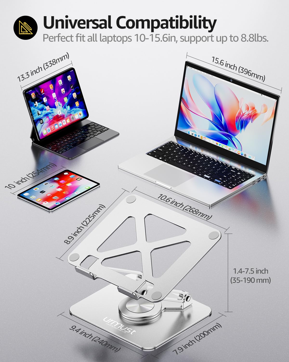 Urmust Laptop Stand for Desk with 360 Rotating Base, Computer Stand for Laptop Ergonimic Adjustable Laptop Riser for Desk Compatible with All Laptop 10 to 16 Inches