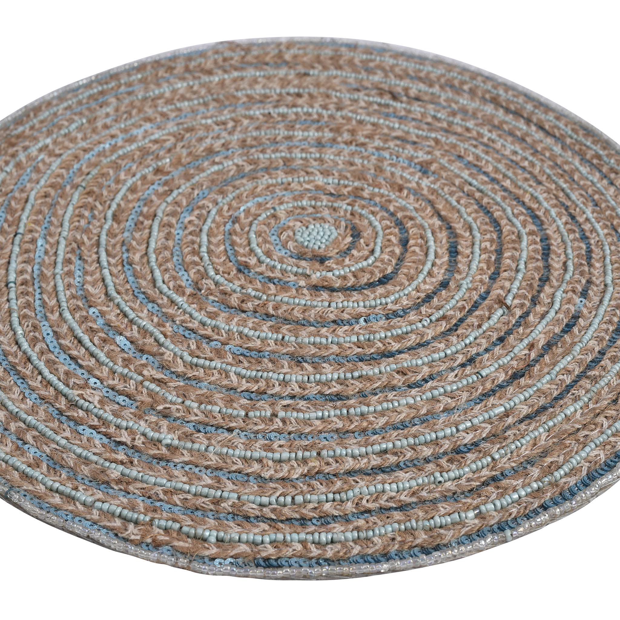Trunkin USA jute-embroidered-placemat-br-color-teal-natural-br-size-15-round-br-set-of-4