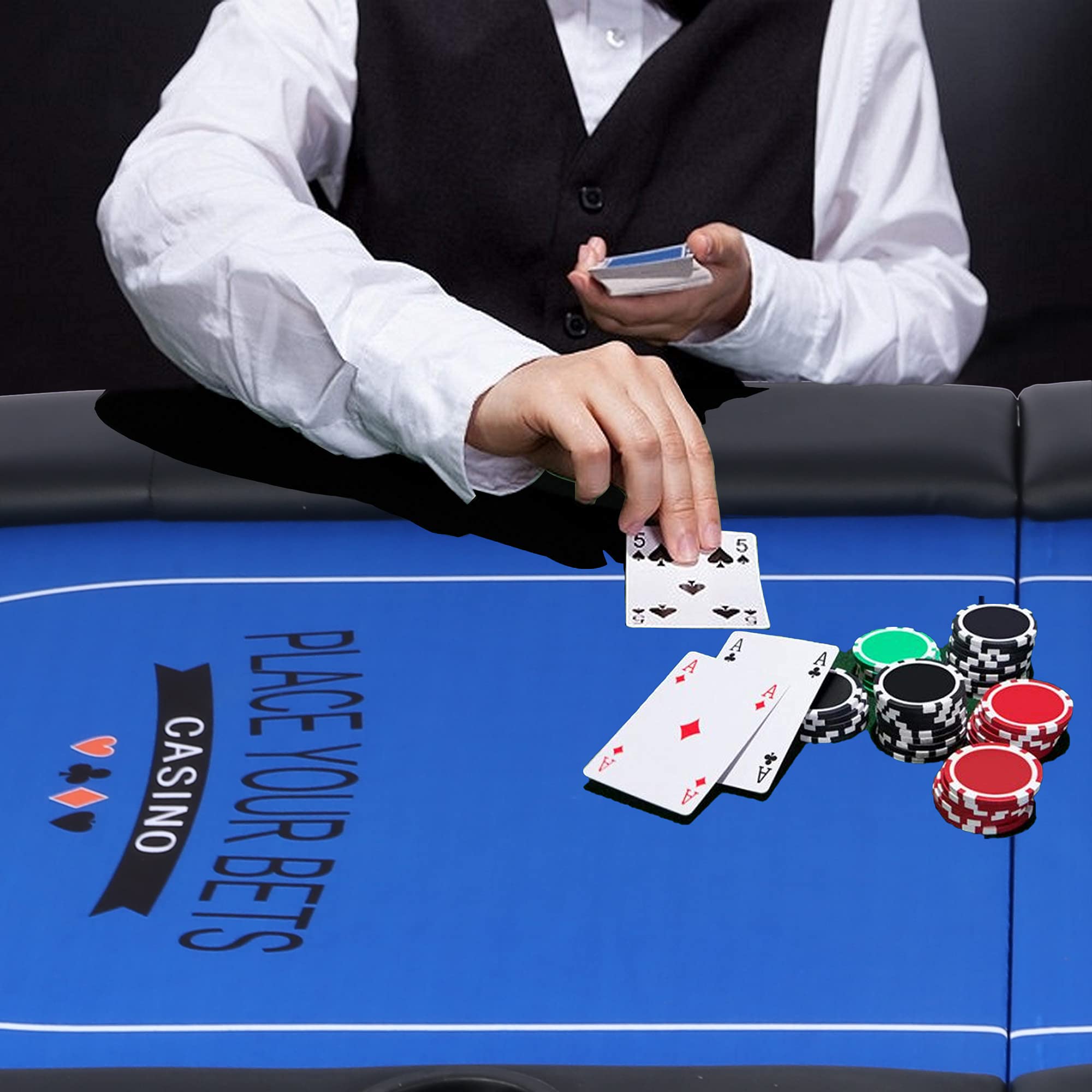 Vilobos Poker Table Foldable 6-8 Players Folding Poker Table Fully Assembled Casino-Style Texas Hold'em Poker Table with Faux Leather Padded Rails and Cup Holders, Blue