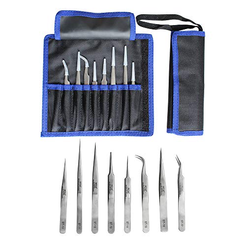 VETUS Pack of 8 Tweezers Set Stainless Steel Eyelash Extension Slant Tip Tweezers Kit with Bag Precision Curved Ticker Remove (ST10-17 with case)