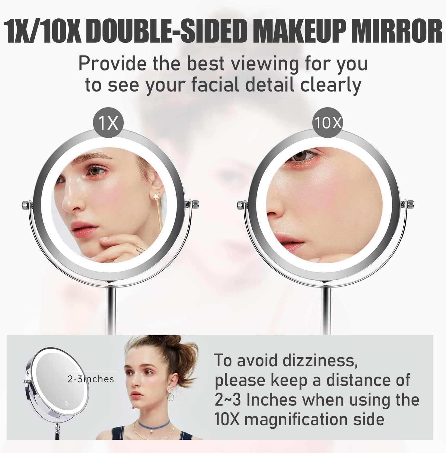 YYAMEA 7" Lighted Makeup Mirror, 10X Magnifying Vanity Mirror Double Sided, Round Standing 360° Rotation Cosmetic Mirror for Bedroom Bathroom Office…