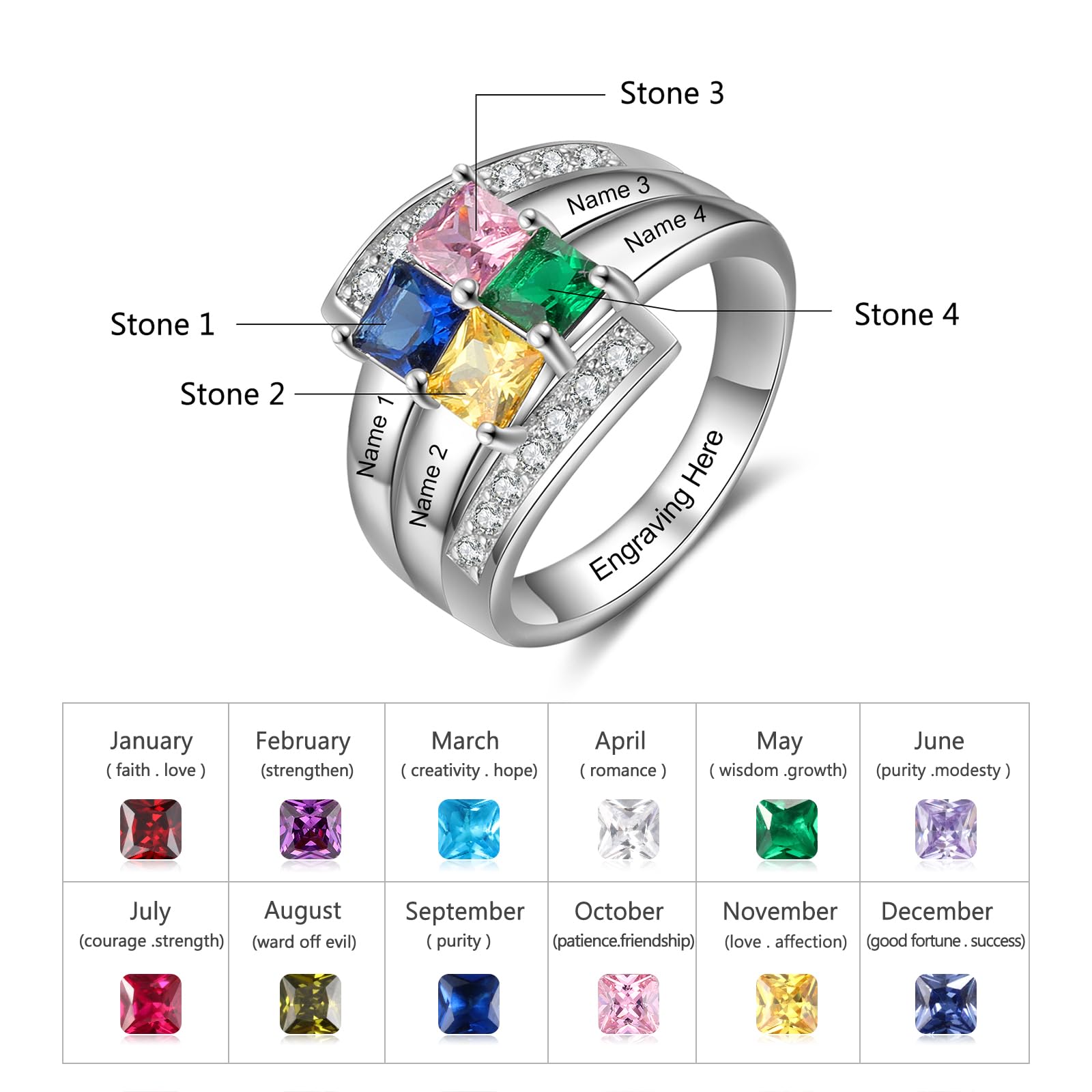 Zomodia Mothers Ring Personalized 4 Simulated Birthstones Engraved 4 Names Anniversary Promise Ring for Her Family Jewelry Gift for Grandma (9)