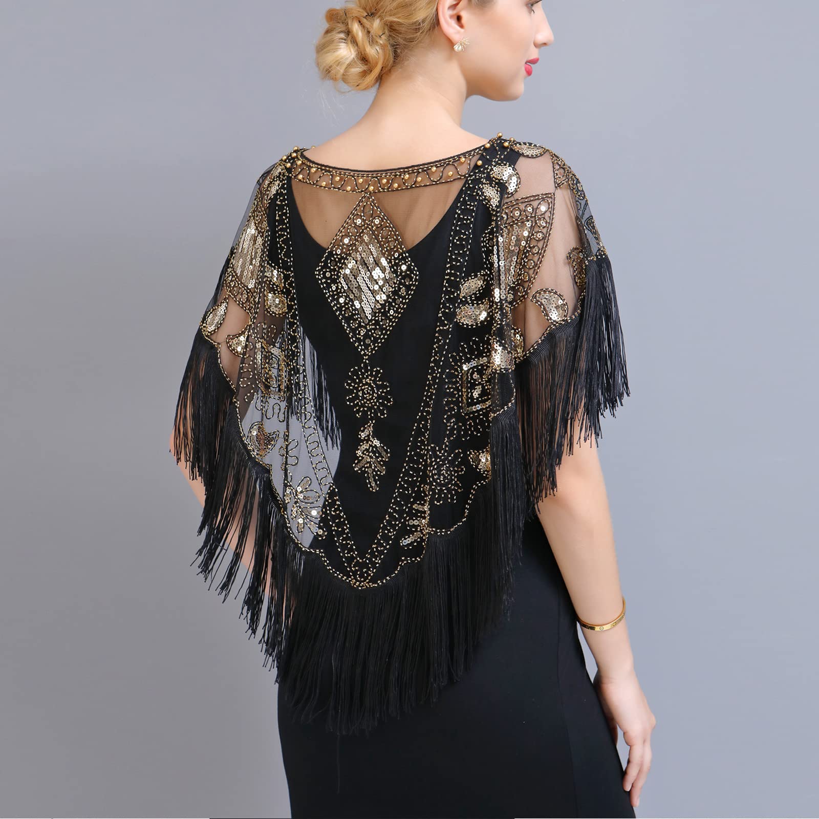 vimate 1920 Shawl Wraps for Evening Dresses, Flapper Retro Fringe Shawl for Women Gatsby (Style 1-Black & Gold