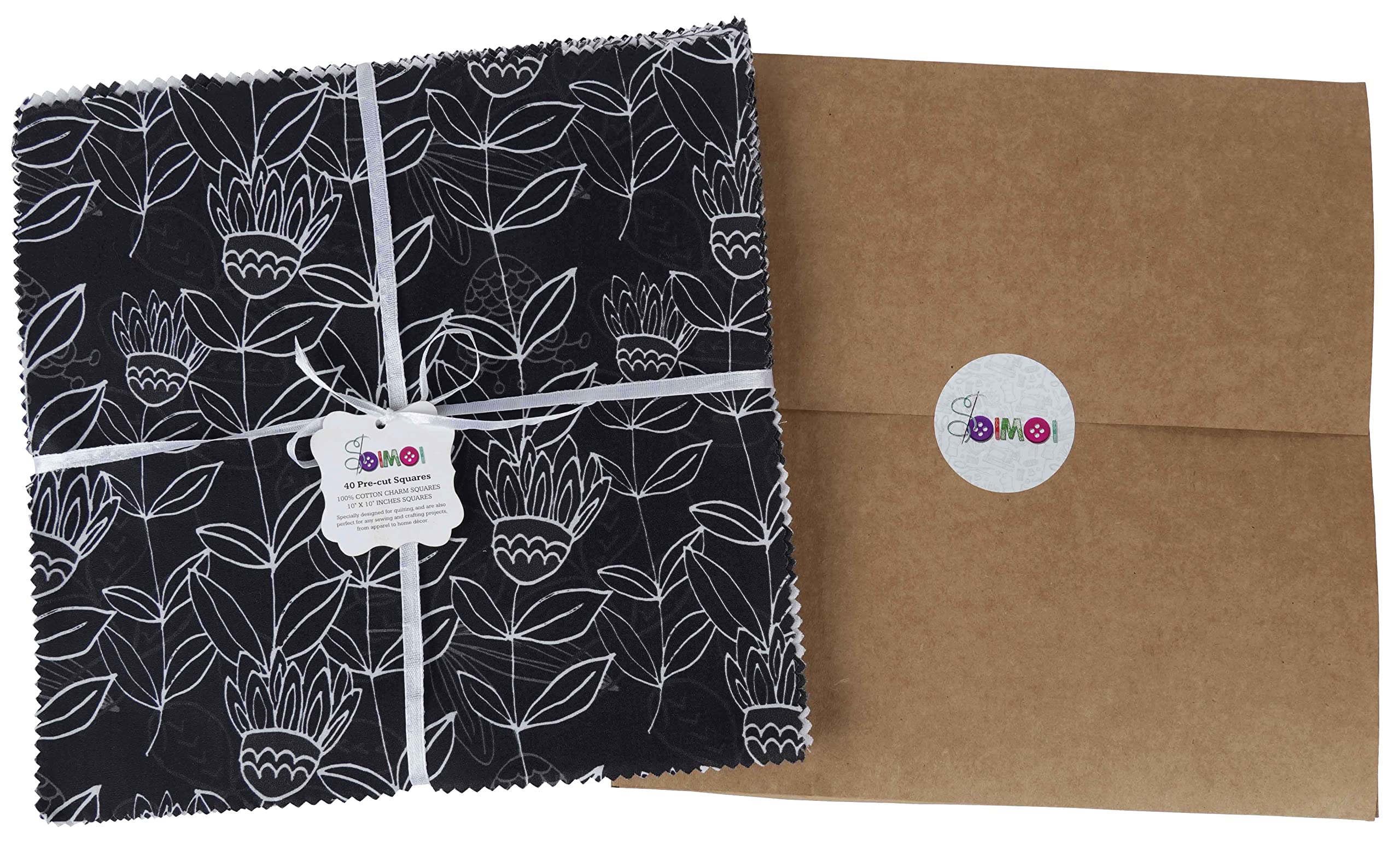 Soimoi Precut 10-inch Block Prints Cotton Fabric Bundle Quilting Squares Charm Pack DIY Patchwork Sewing Craft- Black & Gray