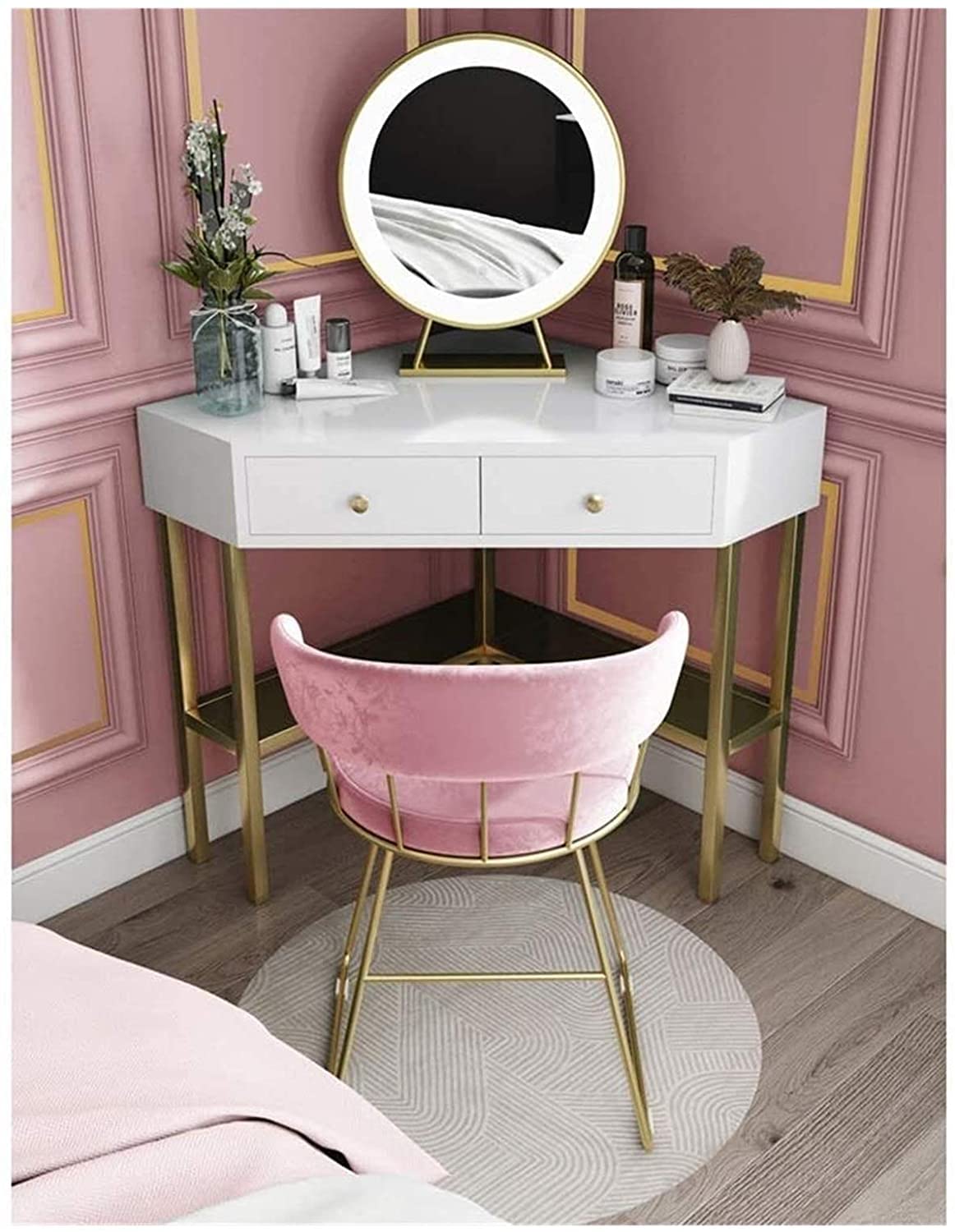 QULACO Luxury Dresser Table Vanity Makeup Table Set, 2 in 1 Makeup Vanity Desk 2 Drawers White Dressing Table Bedroom Funiture with Mirror and Chair