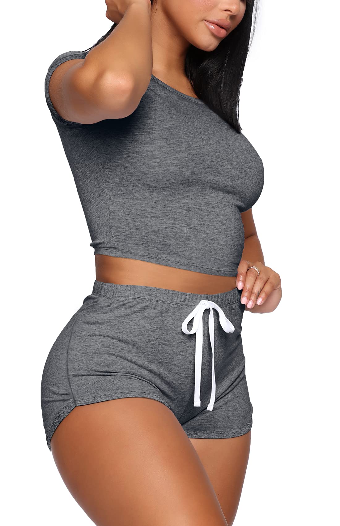 XIEERDUO Crop Tops for Women Casual Grey Summer Fitted Short Sleeve Crop Tops S