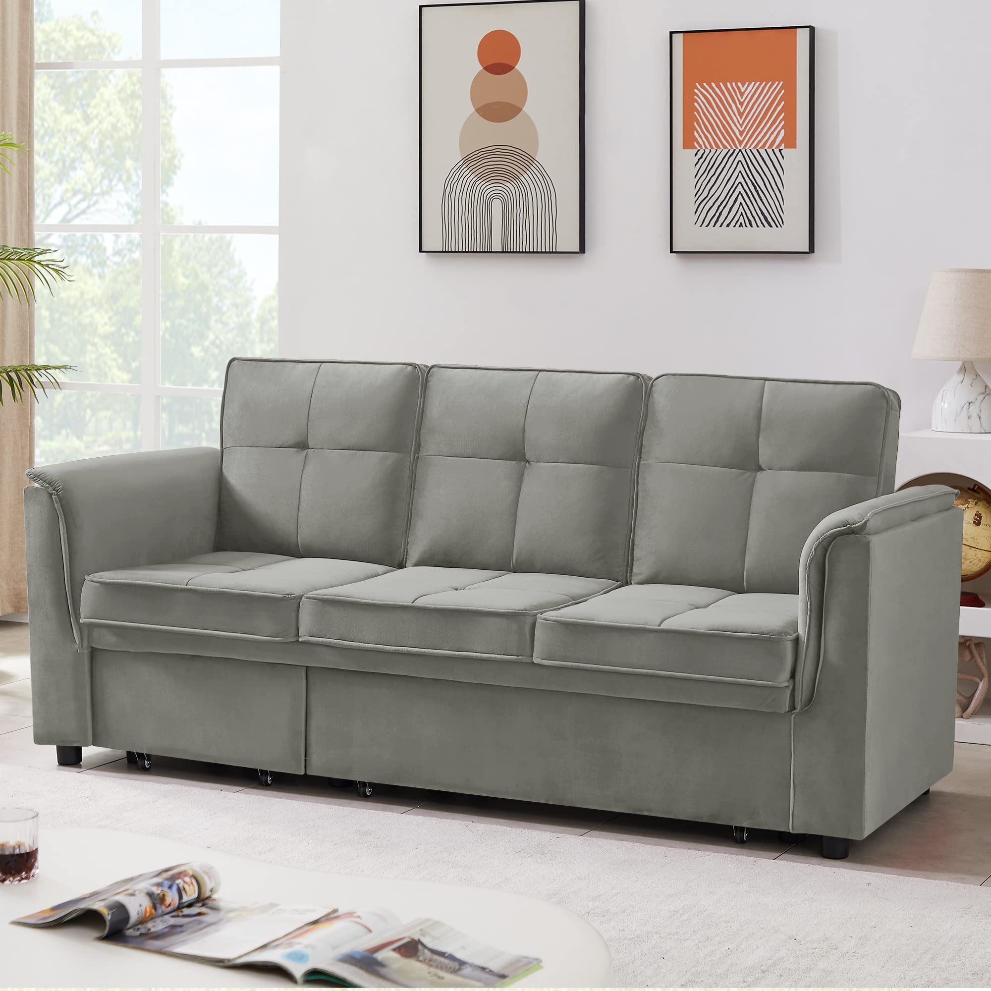 PHOYAL Combination Sofa Bed, Pull-Out Sofa 3 Seater Couch Sofa Upholstered L-Shaped 3-Seat Sleeper Sofa Pull Out Sleeper Pull Out Sofa Bed Couch for Living Room (Grey)