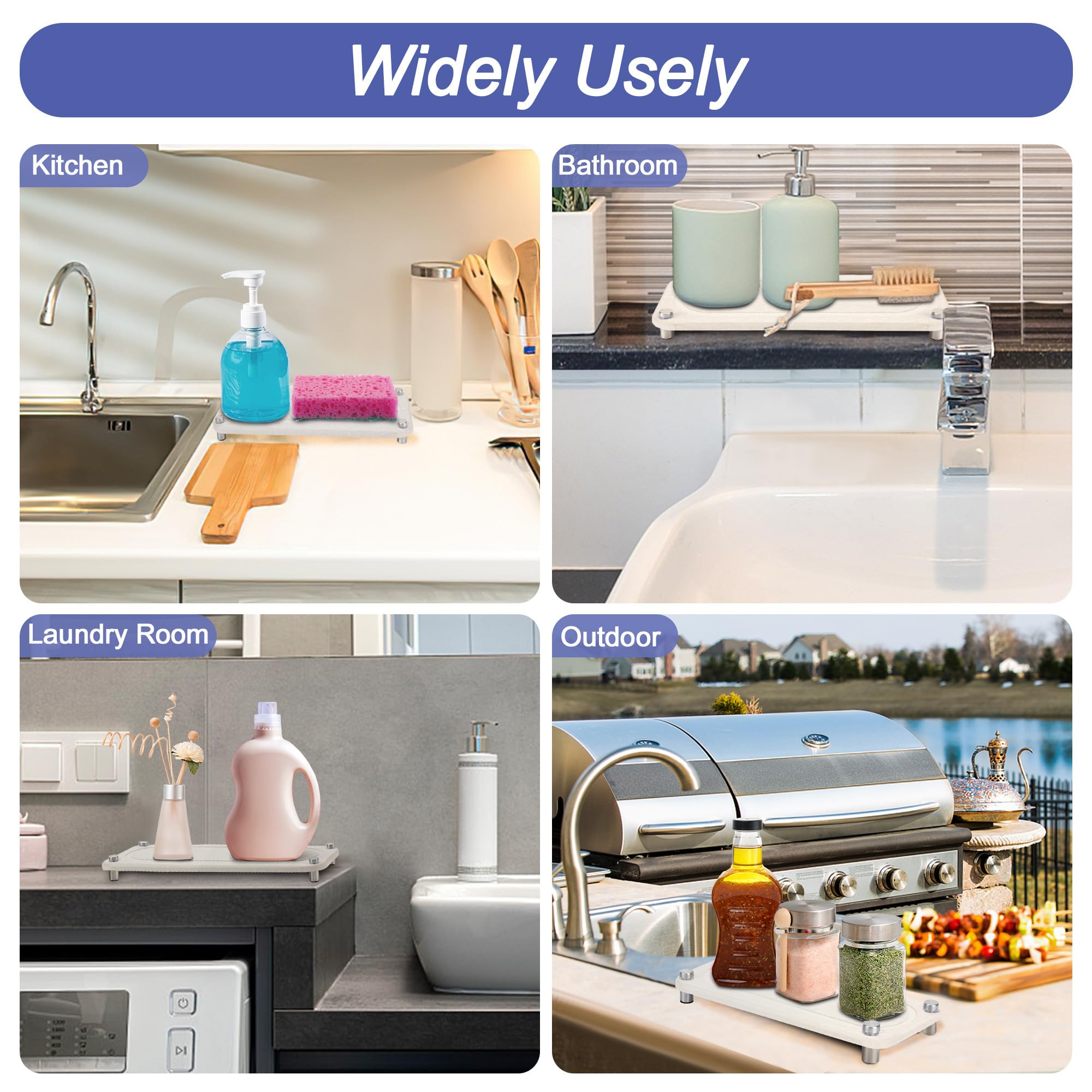 Yukee 2PCS Diatomaceous Earth Instant Dry Sink Organizer Bathroom Kitchen Counter Fast Water Absorbing Stone Sink Caddy Tray Sponge Soap Bottle Storage Shelf Holder Rack