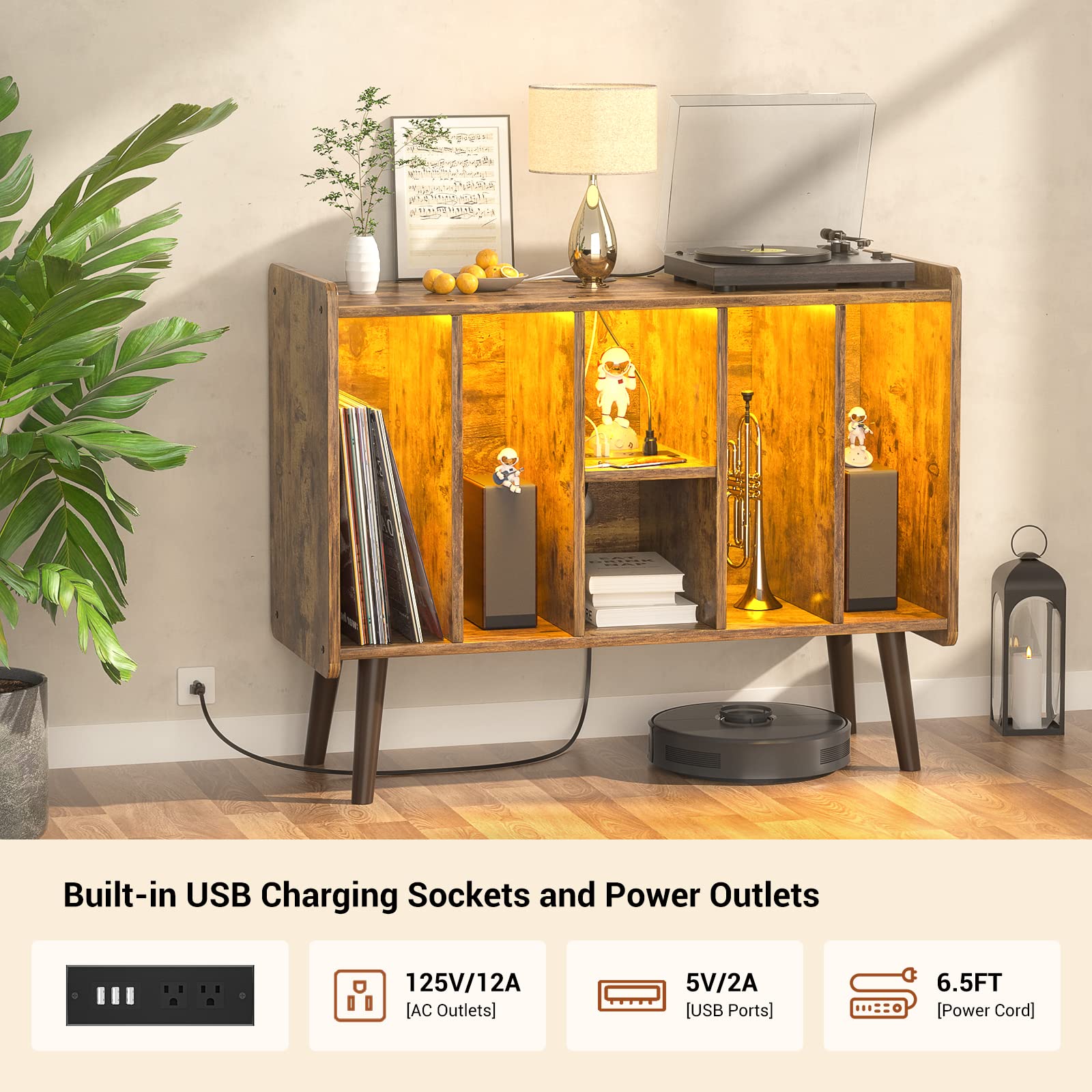 Unikito Large Record Player Stand with Vinyl Storage and LED Light, Vinyl Record Storage Cabinet with Power Outlet, Record Player Table, Turntable Stand with Wood Legs for Living Room, Bedroom, Office