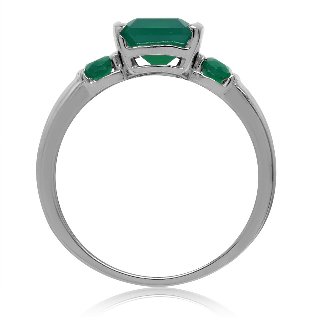 Silvershake 2.64ct. 9X7mm 3 Stone Natural Octagon Shape Emerald Green Agate 925 Sterling Silver Ring Size 8