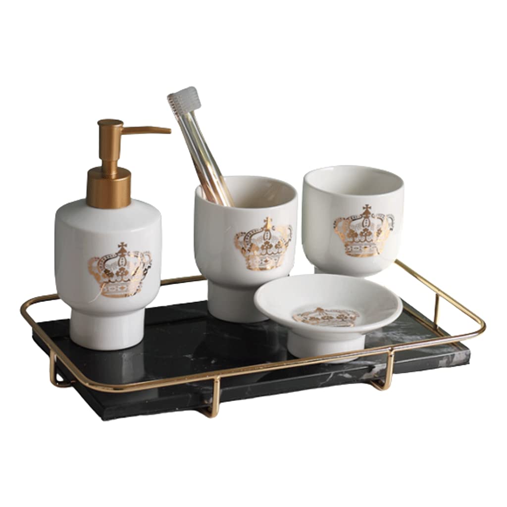 UTOYA Durable Ceramic Bathroom Accessory Set,Crown Print Bathroom Decor Accessories Set,Soap/Lotion Dispenser W/Luxury Gold Pump-Marble Tray Replacement