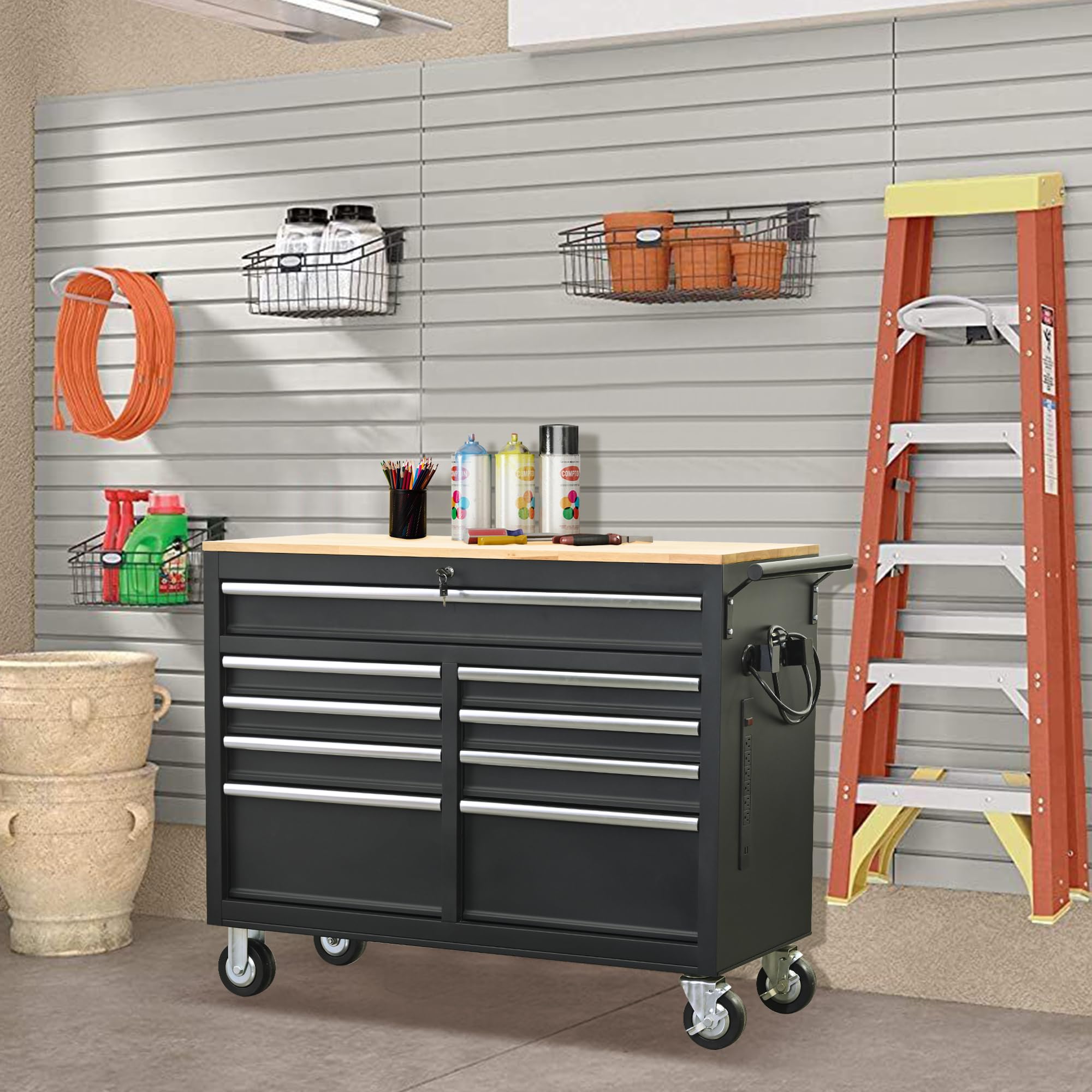 TOPKEY 46" Rolling Tool Chest Mobile Cabinet with Rubber Wood Top & 9 Drawers, Heavy Duty Workstation for Garage, Workshop, with Power Strip, 1500 lbs Load Capacity