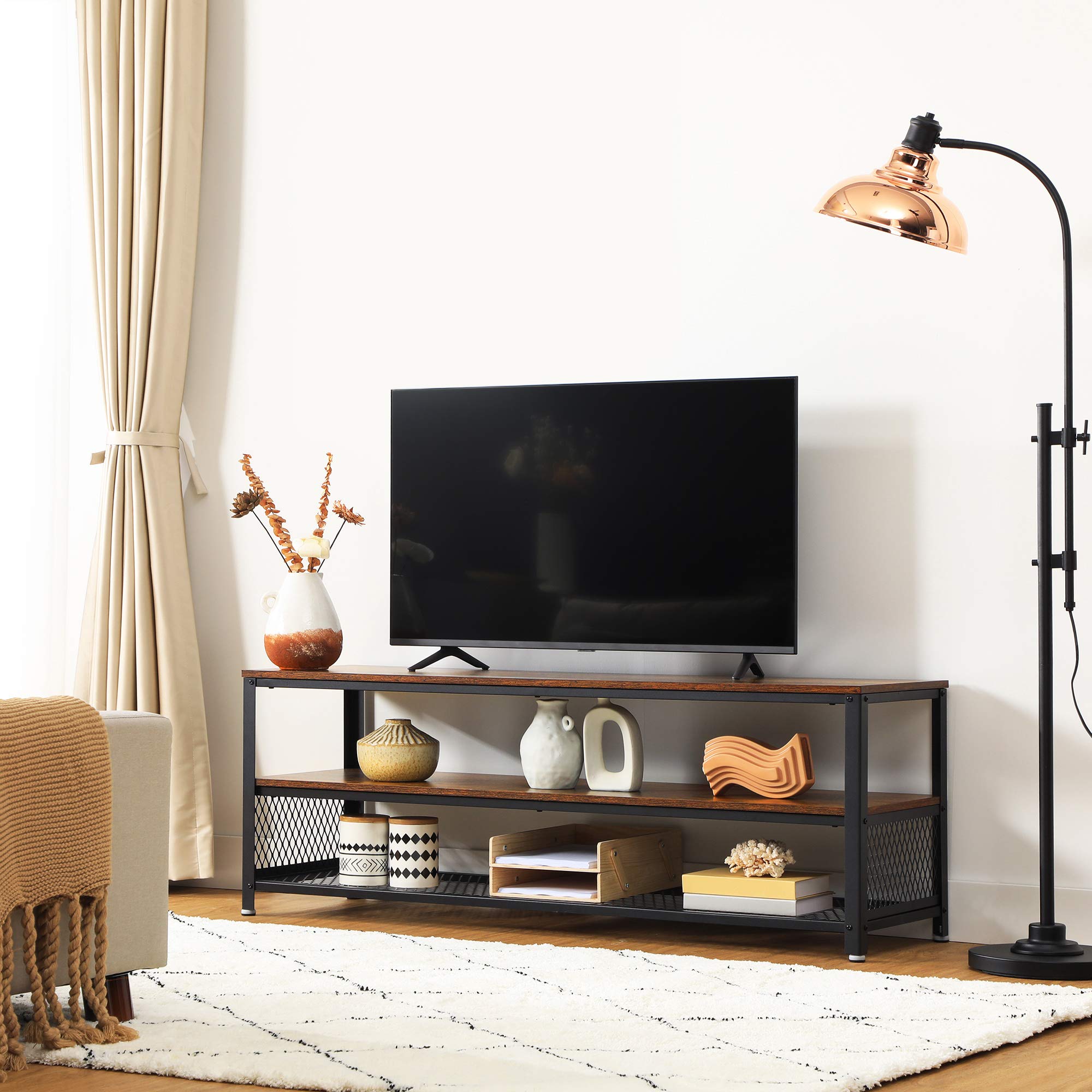 VASAGLE TV Stand, TV Cabinet for up to 60 Inch TV, Console, Coffee Table with Metal Frame, Wood-Like Grain, Industrial for Living Room, Rustic Brown and Black ULTV50BX