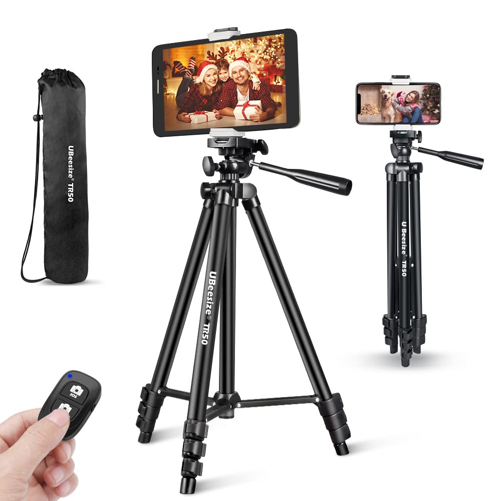 UBeesize Phone Tripod, UBeesize 50’’ Extendable Lightweight Aluminum Tripod Stand with Universal Cell Phone/Tablet Holder, Remote Shutter, Compatible with Smartphone & Tablet & Camera.
