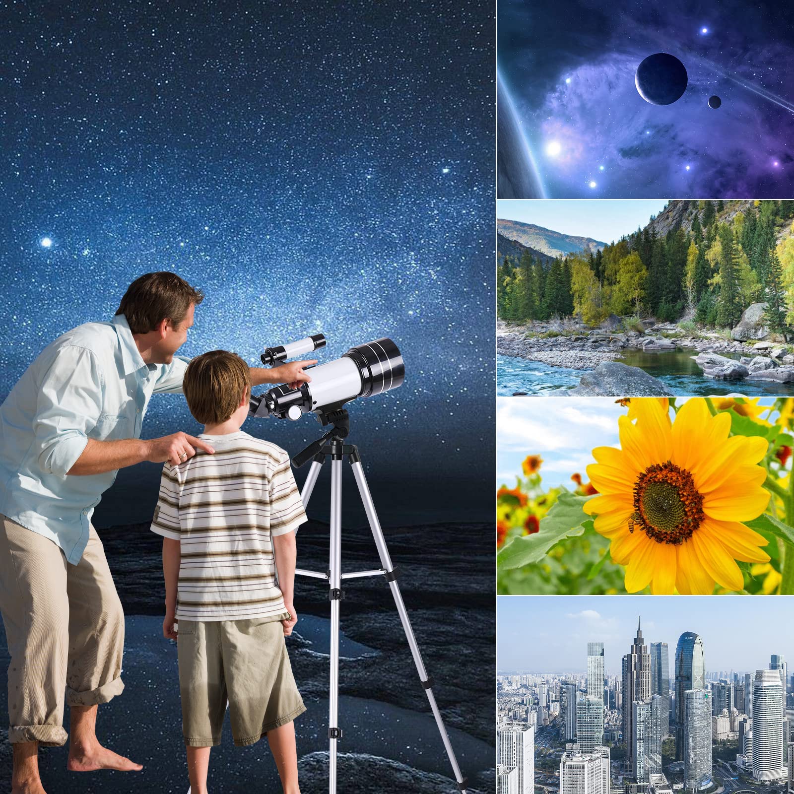 Telescope for Adults & Kids, 300mm Focal Length Refractor Telescope, 70mm Aperture Professional Astronomy Refractor Telescope for Beginners, Phone Adapter & Wireless Remote (White)