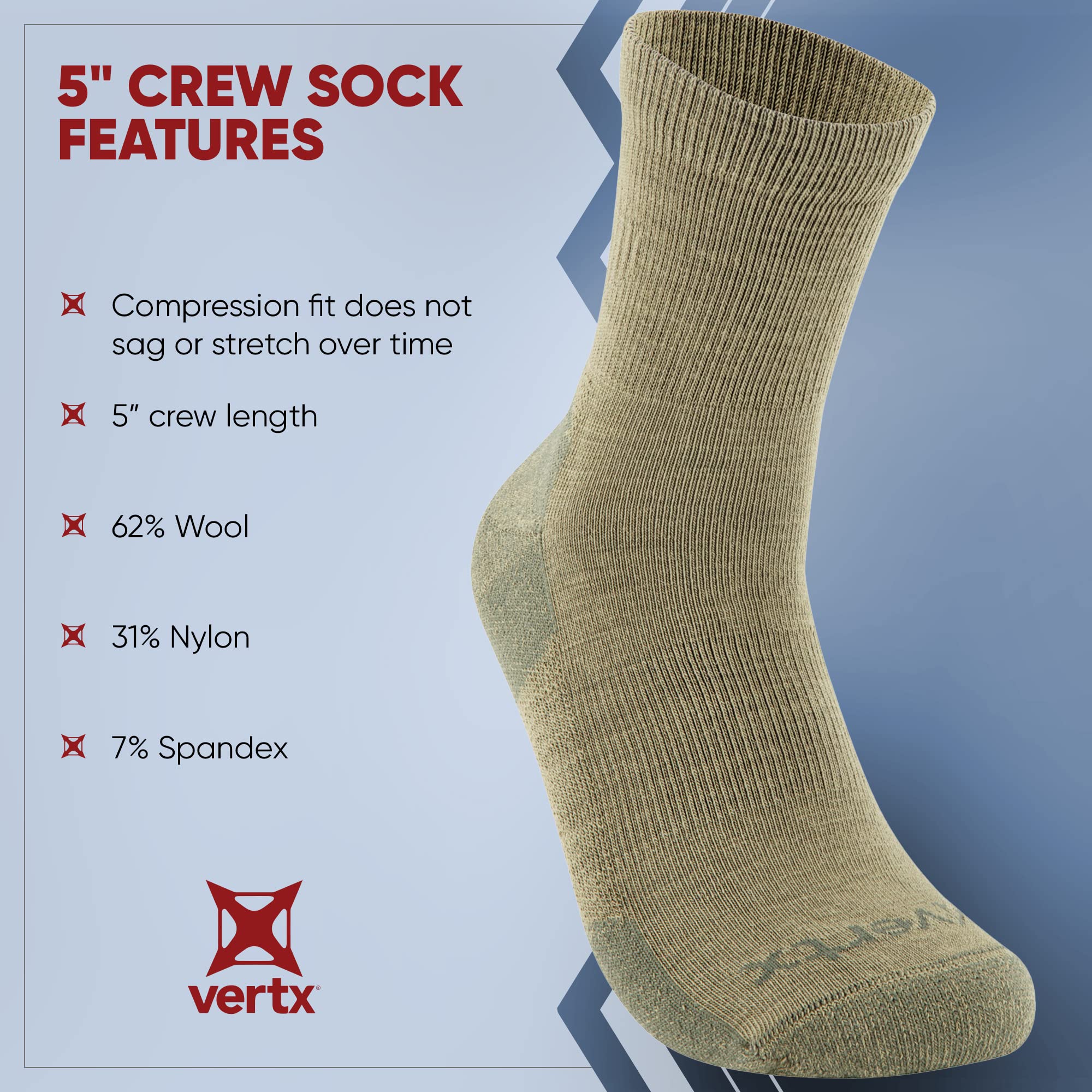 Vertx VaporCore 5" Mens Crew Socks, Moisture Wicking Merino Wool Socks, Quick Drying, Odor Control, for Tactical Hiking Sport Hunting, Athletic, Casual, Ranger Green, Medium