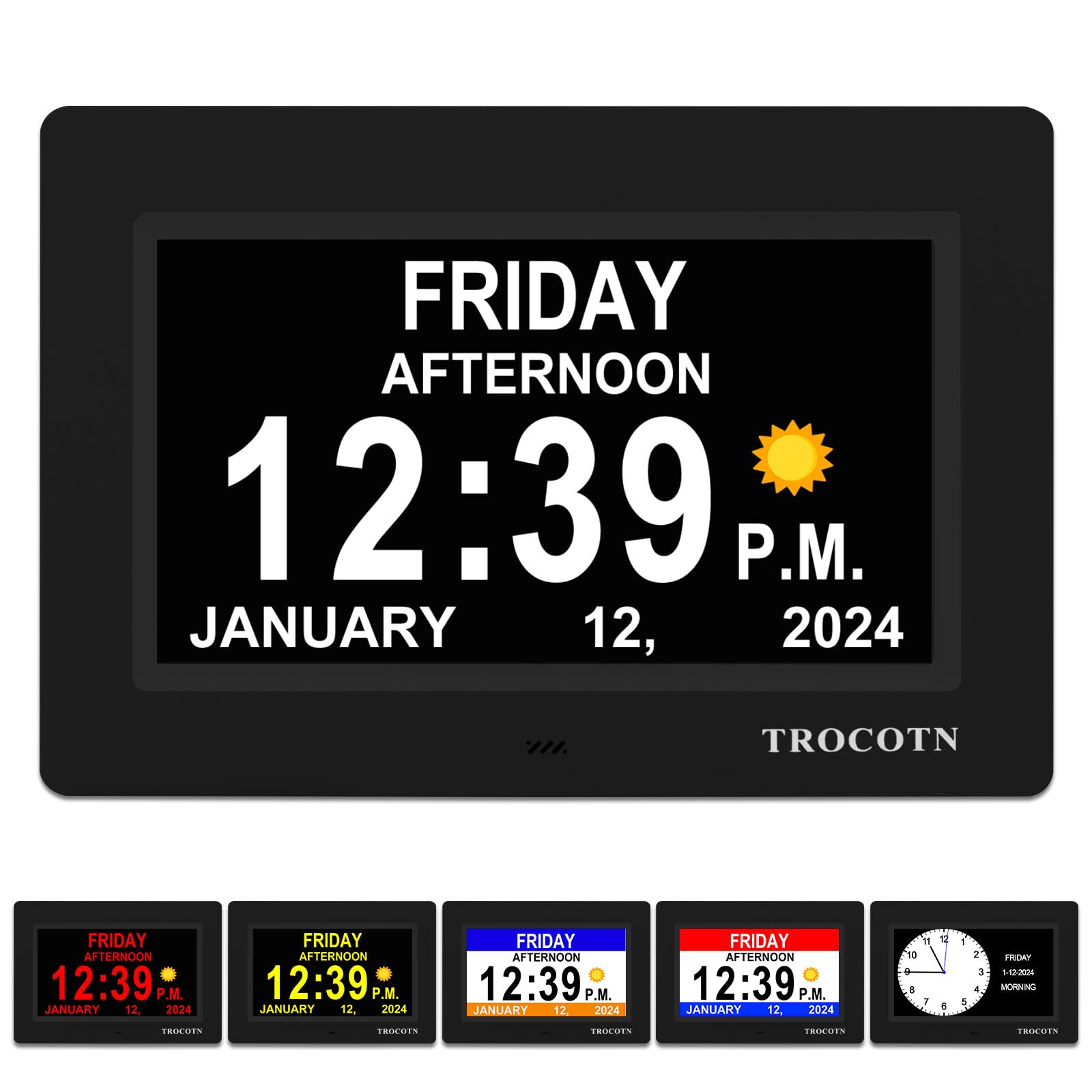 TROCOTNăNewest Dementia Clock Large Digital Clock for Seniors, Calendar Clock Large Display with custom Alarms,Wall Clock with Day & Date, Alarm Clock,Desk Clock (7 inch Black)