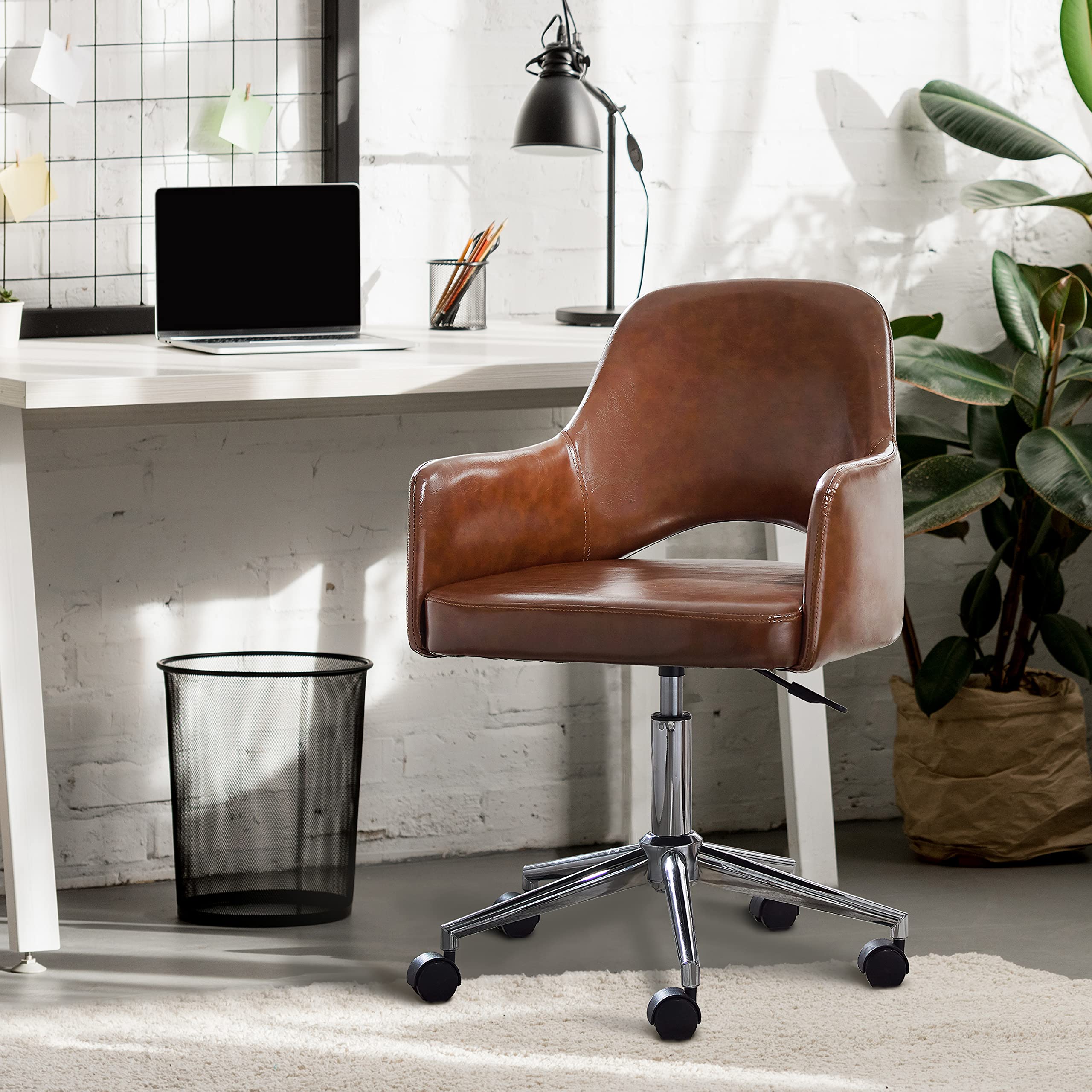 Volans Mid Back Faux Leather Swivel Office Chair with Wheels, Modern Open Backrest Height Adjustable Computer Desk Chair, Cognac