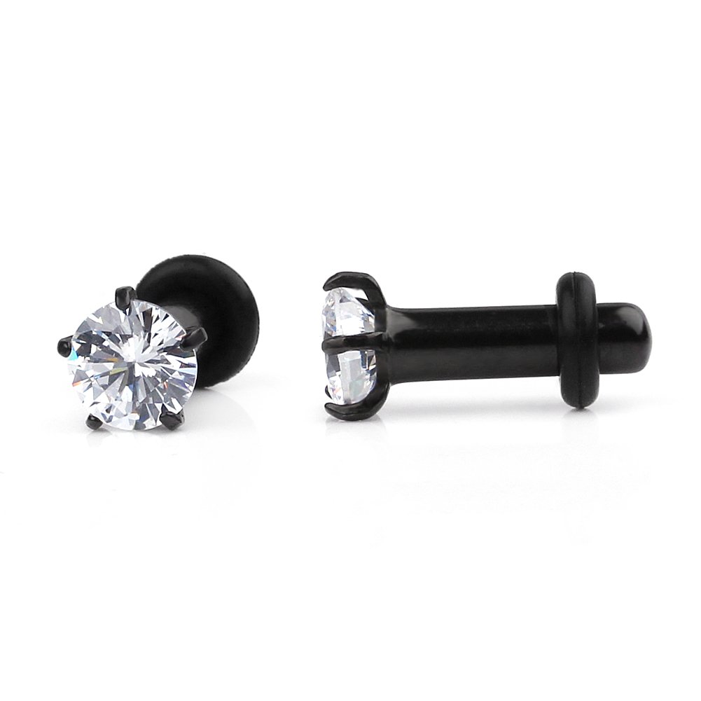 Ruifan Black Plated 316L Surgical Steel Single Flare Prong Set Clear CZ Ear Stretcher Expander Plugs Piercing Gauge with O-Ring 8G(3mm)- Sold As a Pair