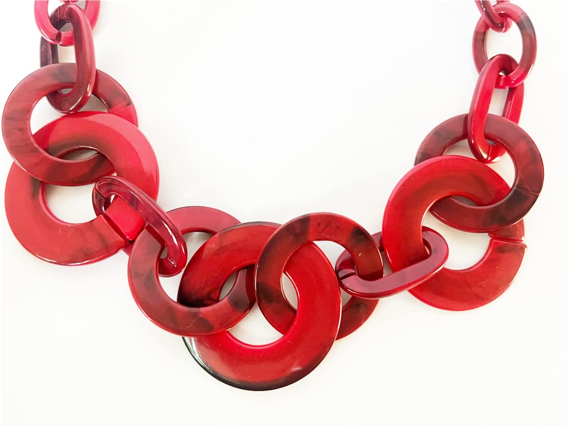Ufraky Women Simple Acrylic Collar Choker Cluster Bib Statement Chain Necklace and Hoop Earring Jewelry Set, 18" (Red)