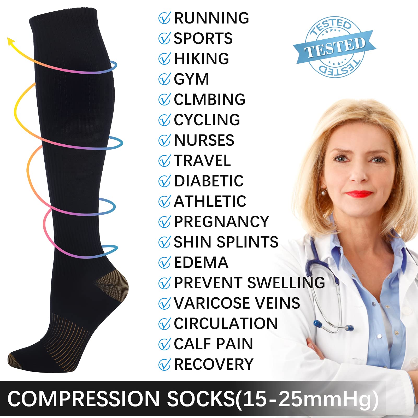 XMOX Compression Socks for Women & Men Circulation, 4 pairs 15-25mmhg (Black/White, Large - X-Large)