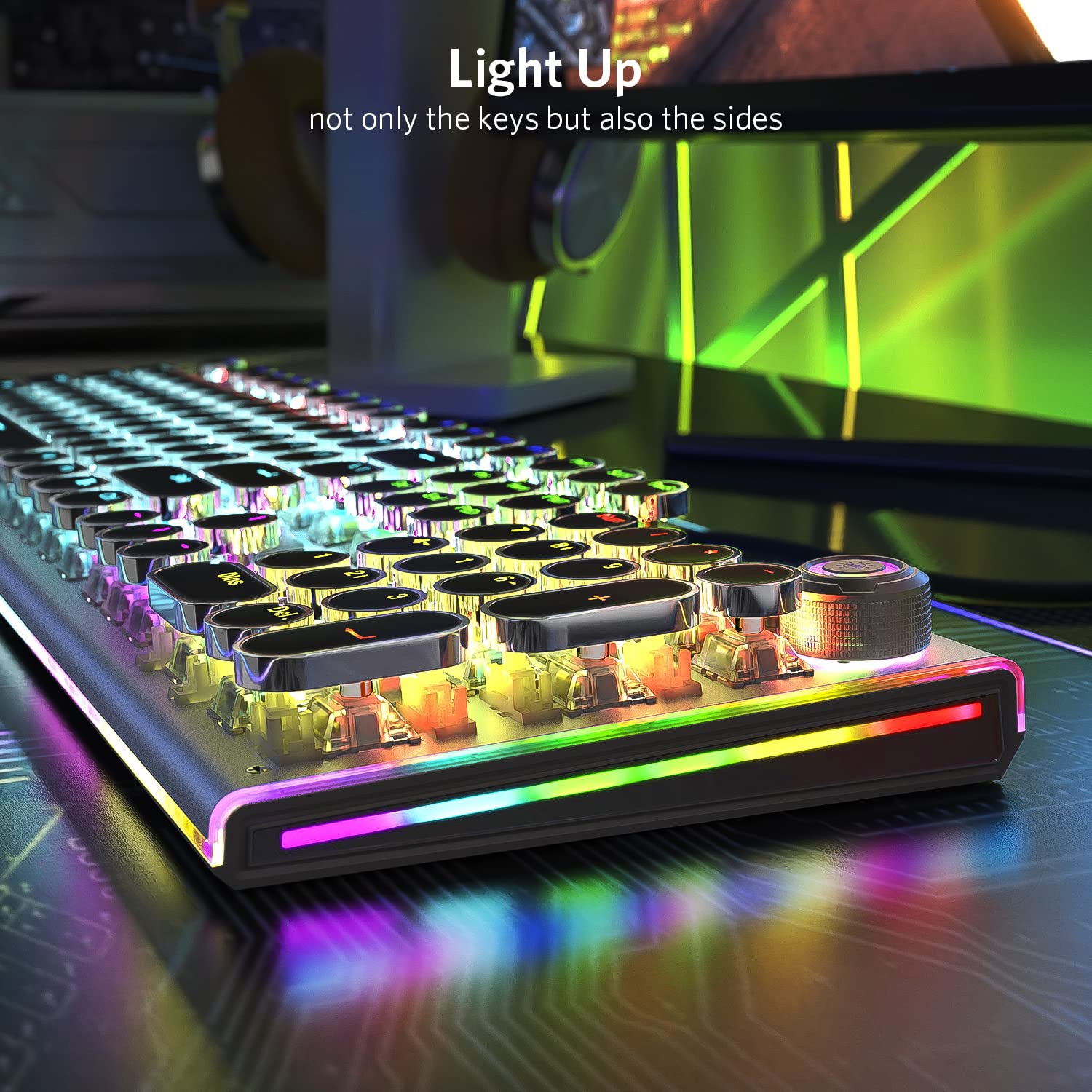 TEWELL Retro Typewriter Mechanical Gaming Keyboard with Tactile and Clicky Blue Switches, Rainbow Backlit with RGB Side Lights - Ultimate Gaming Performance