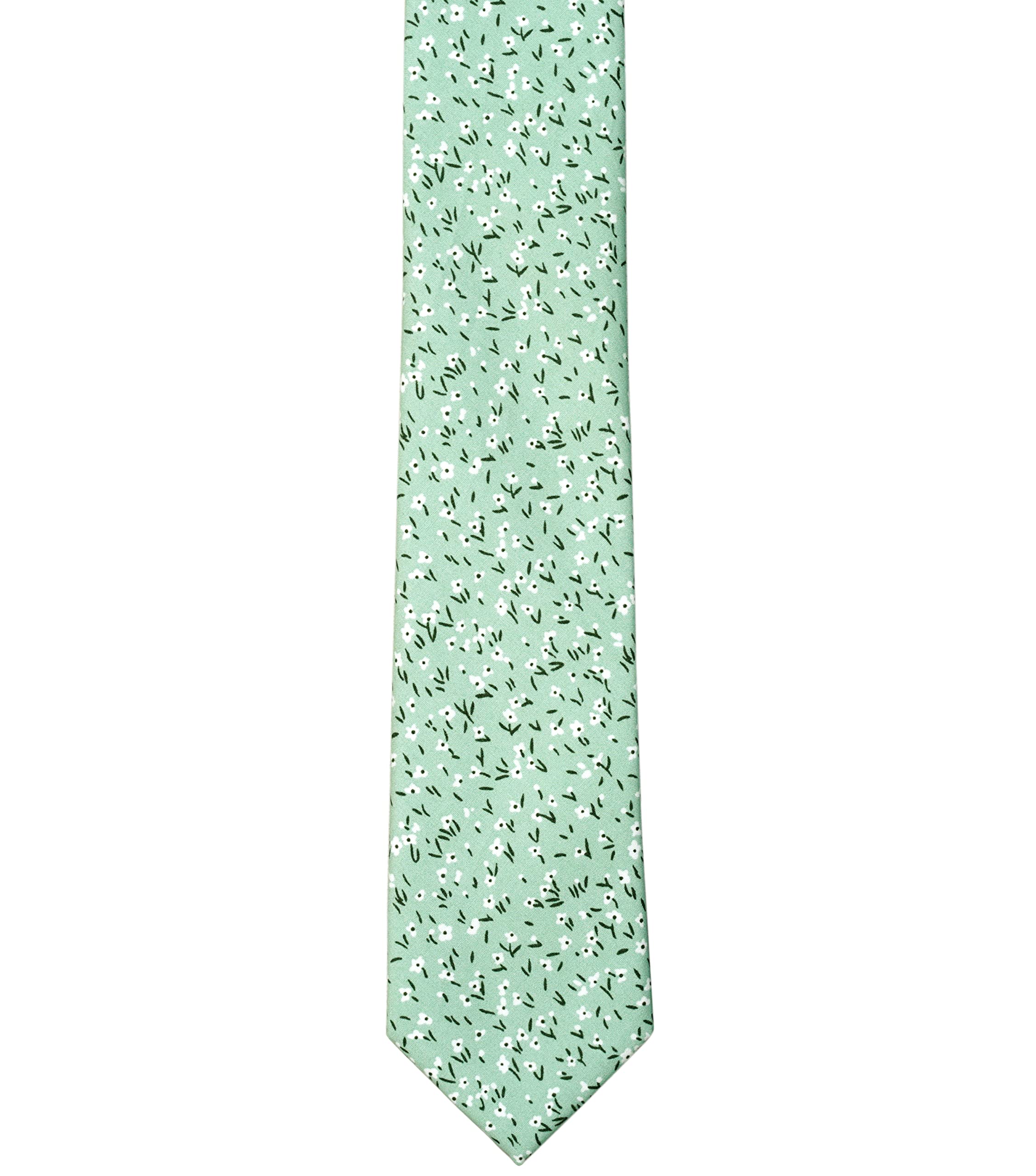 ZENXUS Mens Cotton Skinny Floral Light Sage Tie Combo Set with Pocket Square