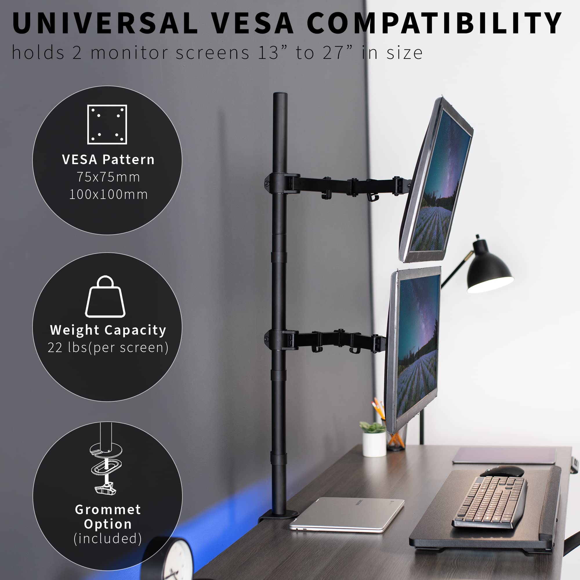 VIVO Extra Tall Vertically Stacked Dual Monitor Desk Mount Stand with 99 cm Stand-up Pole, Fully Adjustable Extended Arms, Fits 2 Screens up to 27 inches, STAND-V012T