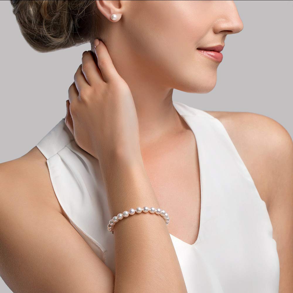 The Pearl Source 14K Gold 6.5-7mm AAA Quality Round White Japanese Akoya Saltwater Cultured Pearl Bracelet for Women