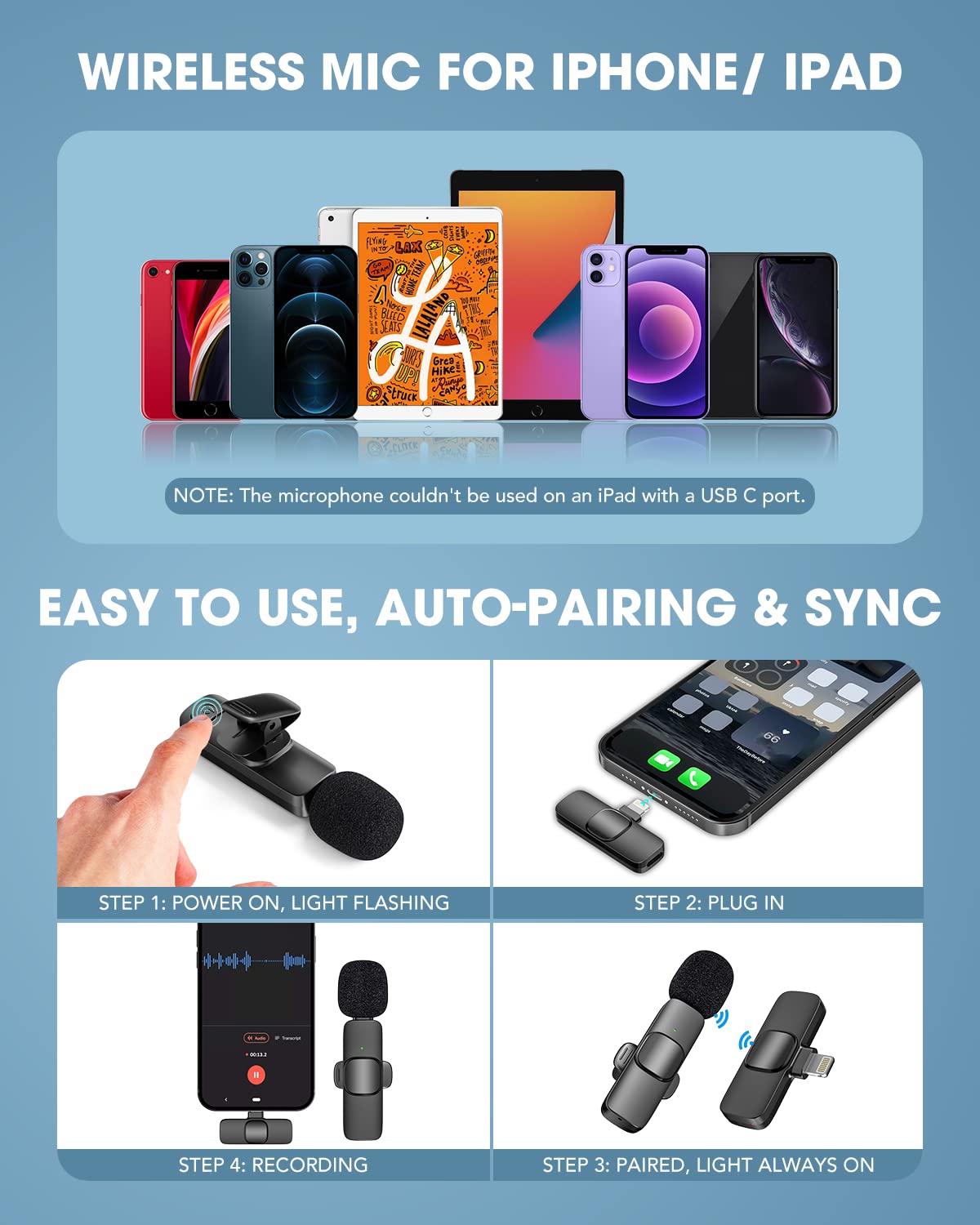 Wireless Lavalier Microphone for iPhone/iPad Video Recording Omnidirectional Lapel Lav Mic, Portable External Cordless Clip-on Mic for Recording, Youtube, Interview, Vlog, Live streaming Plug&Play