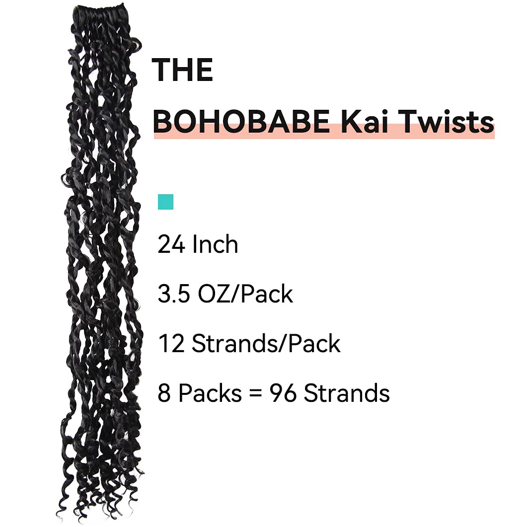The BOHOBABE 24 Inch Kai Twists Crochet Hair 8 Packs Pre-looped Long Soft Twist With Curly End Pre-twisted Boho Style Crochet Braids(1B)