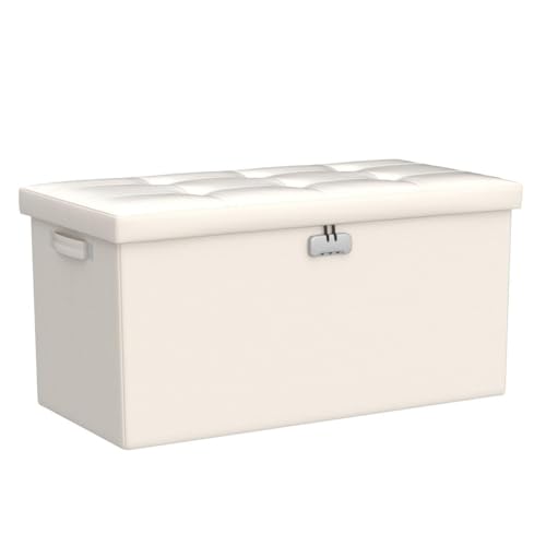 Tamfile 30 inches Folding Storage Ottoman with Lock,Fireproof Bedroom Bench with Storage,Beige Footrest with Foam Padded Seat,Ottoman Foot Rest for Bed Room,Storage Chest, Foot Rest Stool