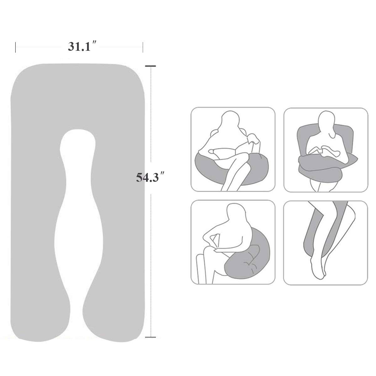 VECELO U-Shaped Pregnancy Full Maternity Pillow with Zipper Removable Cover, Body Pain Relief, Gray