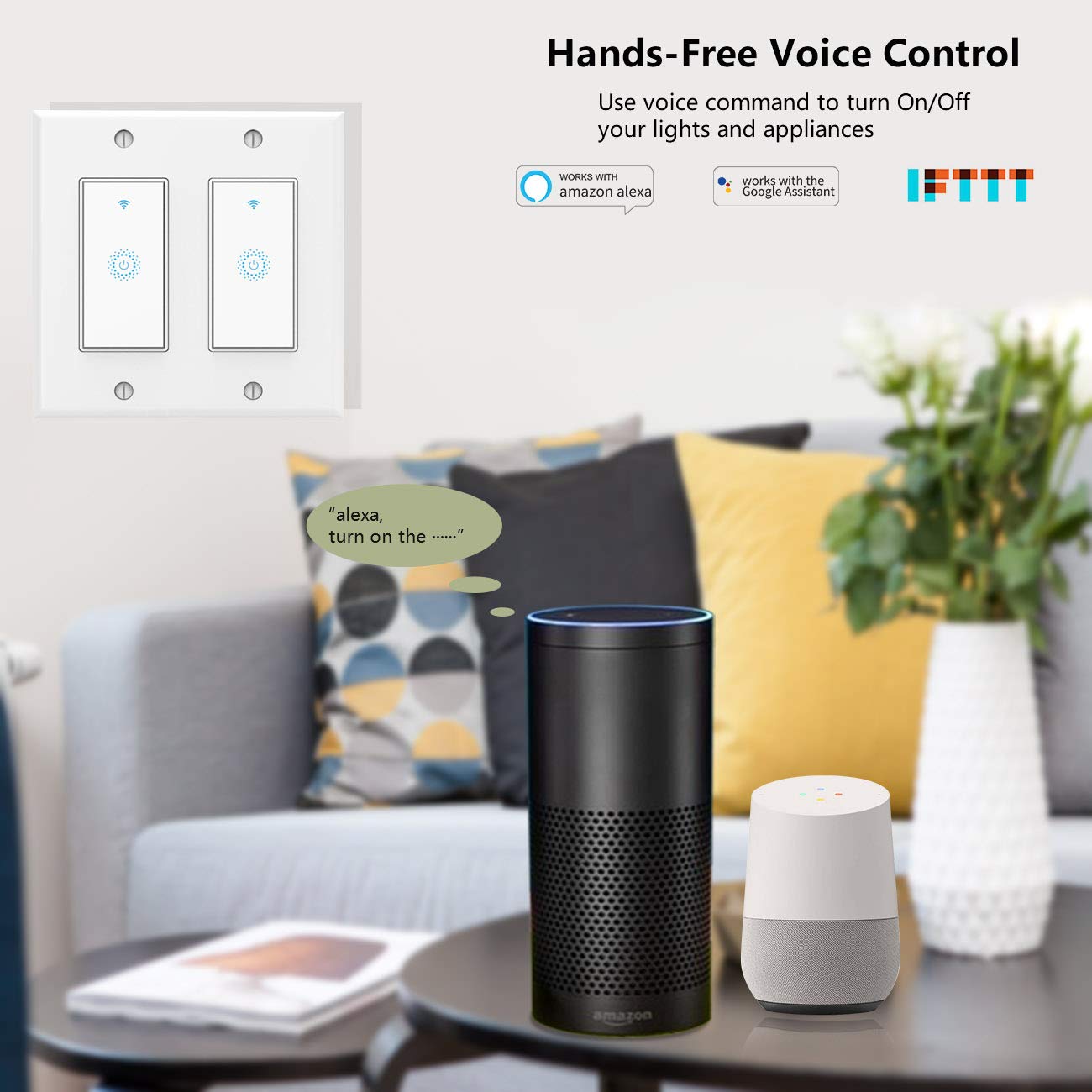 Smart Light Switch&Alexa Smart Double Switch&WIFI Light Switch With Timer and Remote Control,Compatible with Alexa, Google home and IFTTT, No Hub required, ETL and FCC listed. (2gang)