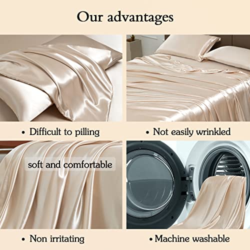 YUEZAISHOU Khaki Satin Sheets Full - 4pcs Silk Bed Sheets Full Hotel Luxury Extra Soft Silky Bedding Set -15" Deep Pocket Fitted Sheet & Flat Sheet & 2 Pillowcases - Wrinkle, Fade, Stain Resistant