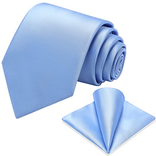 Vinlari Sky Blue Tie, Neck Tie for men, Silk Mens Tie and Pocket Square Set, Formal Business Plain Satin Ties with Handkerchief for Wedding Party Work Tie(Gift Box)