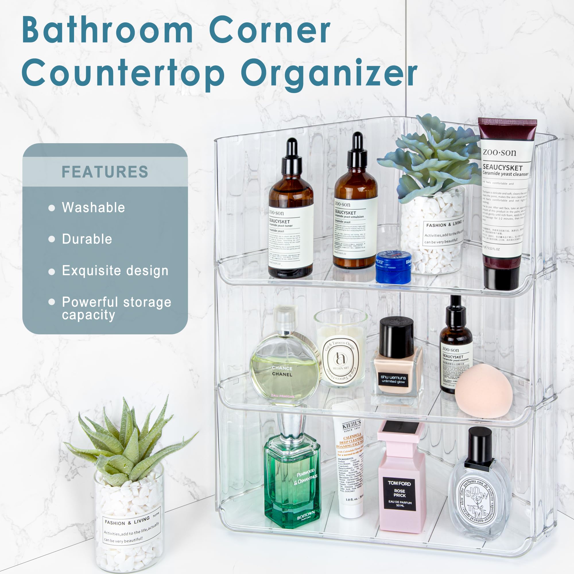 WSIGHT Skincare Organizer Shelf Stackable Corner Countertop Shelf Clear Plastic, 3 Pack Bathroom Kitchen Desktop Organizing Shelf