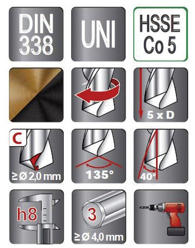 RUKO 228040 HSSE-Co 5 Twist Drill, DIN 338, Type UNI, Ground, 4.00mm Diameter, 75.0mm Length, 43.0mm Flute Length, Pack of 10