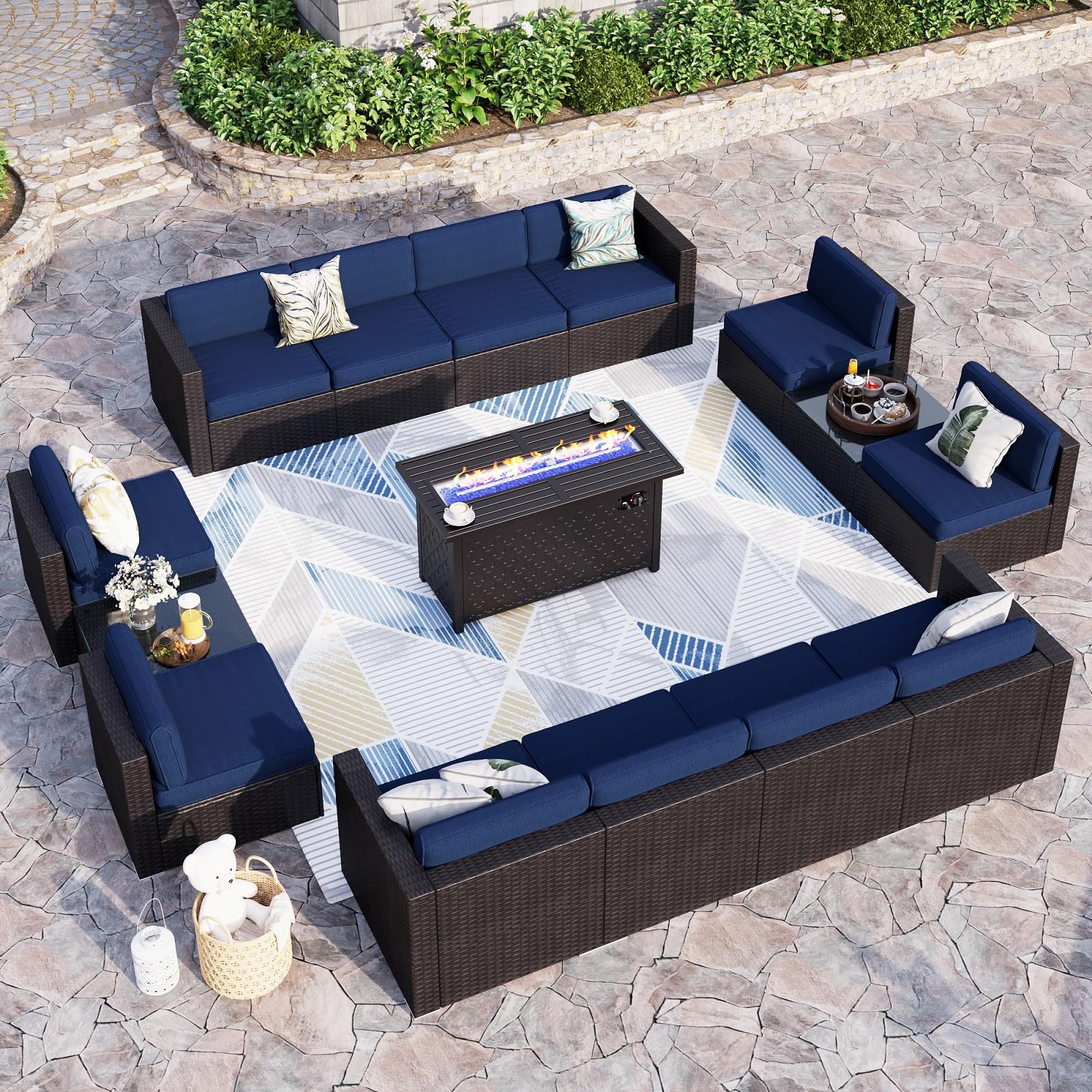 Sophia & William Patio Furniture Set with Fire Pit Table,15 Piece Outdoor Wicker Conversation Set with 45-Inch Fire Pit, Rattan Sectional Sofa, Navy Blue