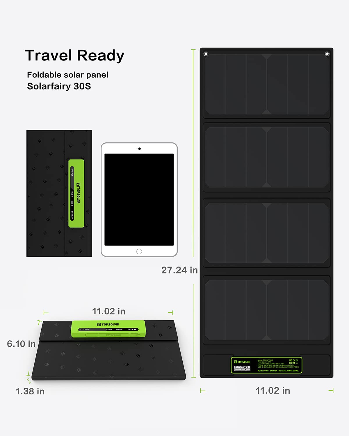 Topsolar SolarFairy 30S Foldable Solar Panel 30W Portable Battery Charger Kit for Cell Phone Power Bank Car Boat RVs Off Grid Charge 12V Batteries & 5V Device
