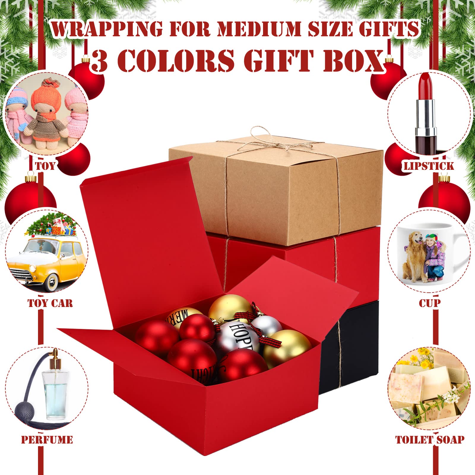 Spiareal 12 Pcs Gift Boxes with Lids Kraft Boxes Christmas Boxes Gift Wrap Boxes with Twine for Xmas Wedding(Black, Gold, Silver, 8 x 8 x 4 Inch)
