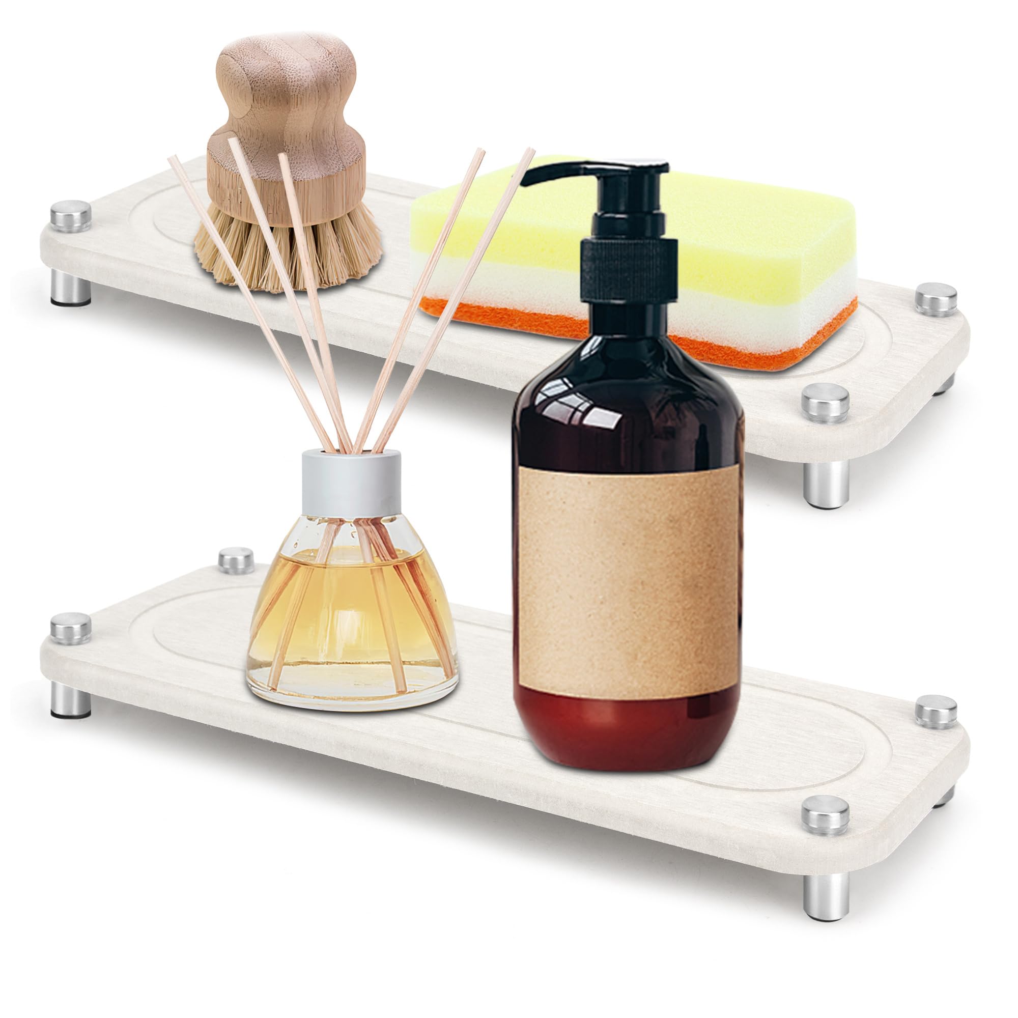 Yukee 2PCS Diatomaceous Earth Instant Dry Sink Organizer Bathroom Kitchen Counter Fast Water Absorbing Stone Sink Caddy Tray Sponge Soap Bottle Storage Shelf Holder Rack