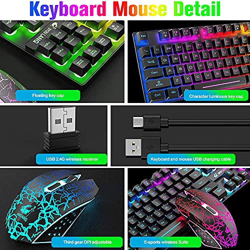Wireless Gaming Keyboard Mouse and Wrist Rest Set with 87 Key Rainbow Backlight Rechargeable 3800mAh Battery Mechanical Feel Anti-ghosting Ergonomic Waterproof Mute Mice for PC Mac Gamer (Black Mix)