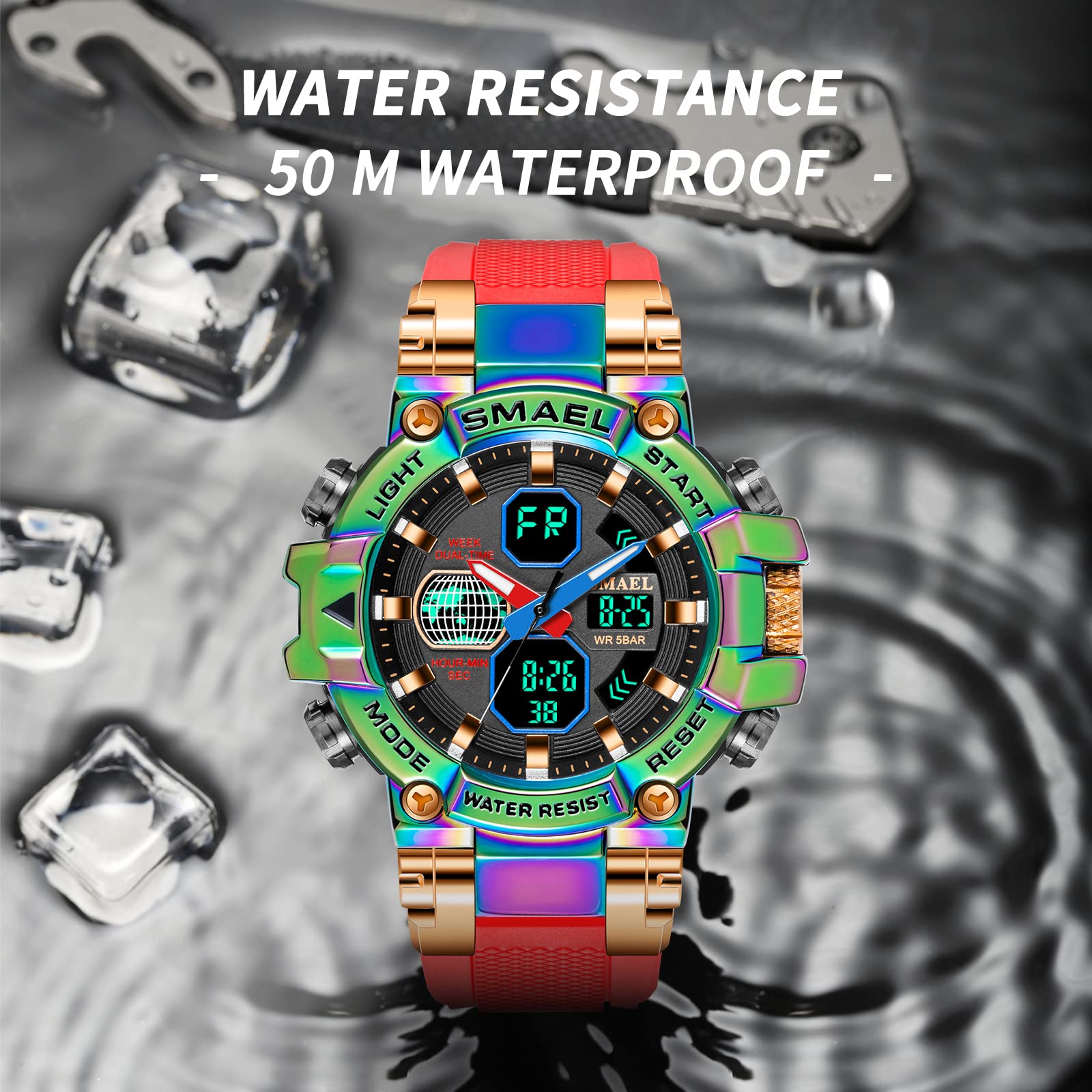 SMAEL Watch 8027 Water Resistant Alloy Watch Sport Analog Digital Quartz Watch Colorful Case (Red)