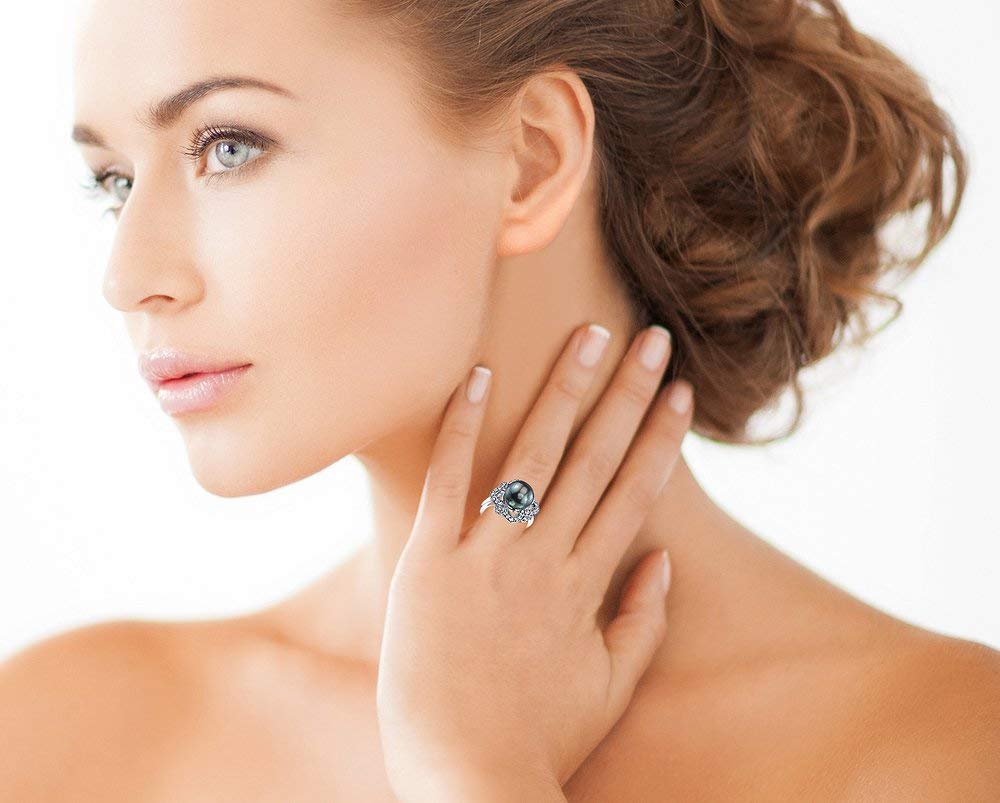 The Pearl Source 10-11mm Genuine Black Tahitian South Sea Cultured Pearl & Cubic Zirconia June Ring for Women